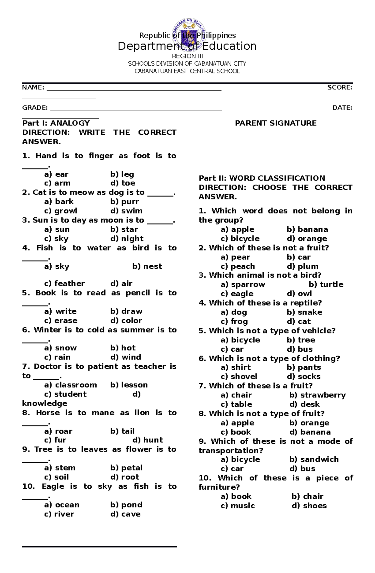 TEST - sample test - Republic of the Philippines Department of ...