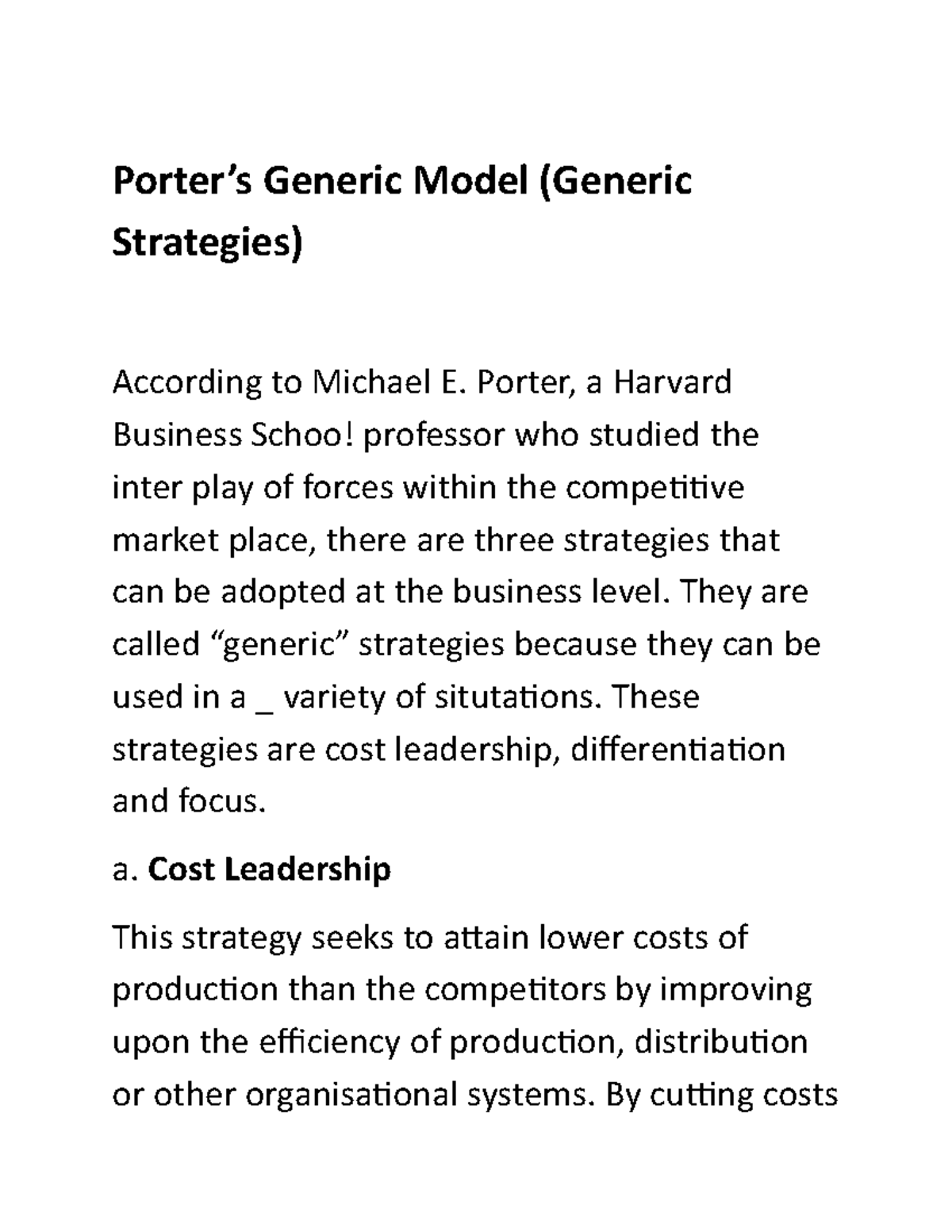 Porter’s Generic Model (Generic Strategies) - Porter’s Generic Model ...