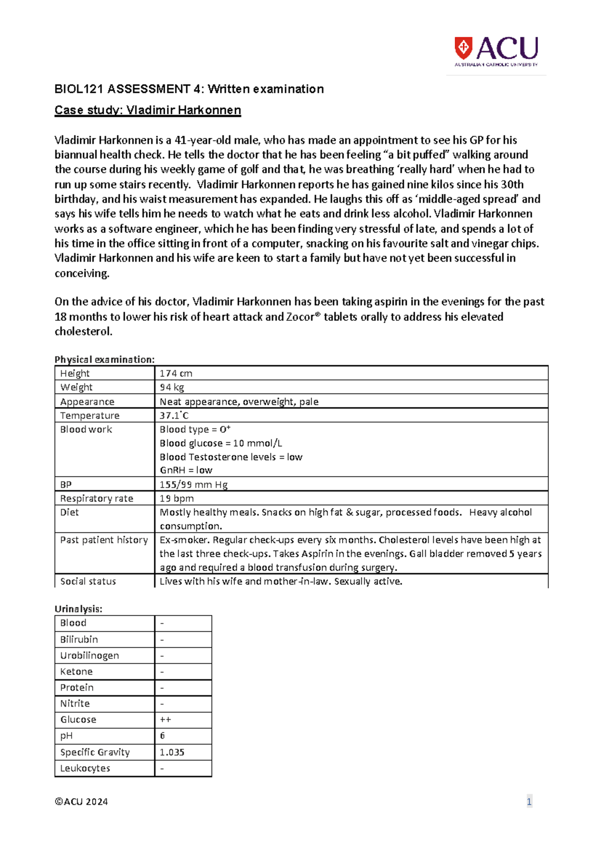 BIOL121 final exam case studies 202430-1 - ©ACU 2024 1 BIOL121 ...