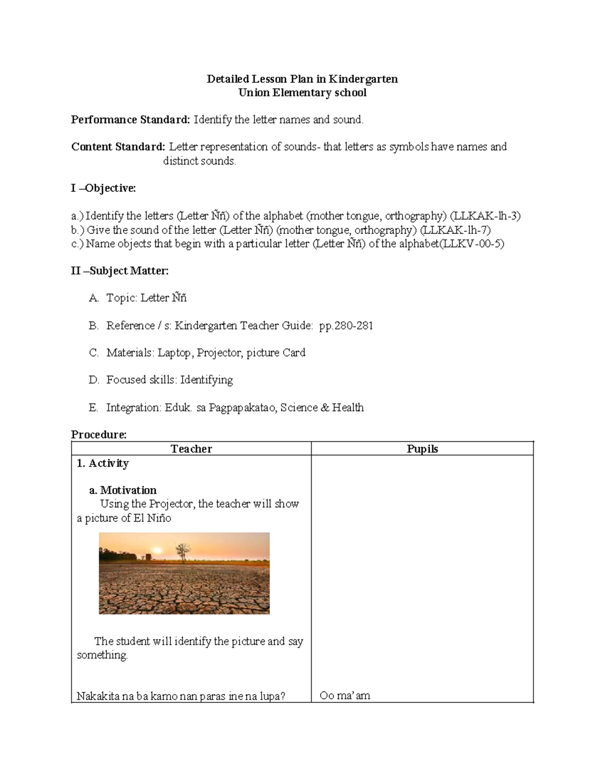 LP-kindergarten - Ñ LESSON PLAN IN KINDERGARTEN - Detailed Lesson Plan ...