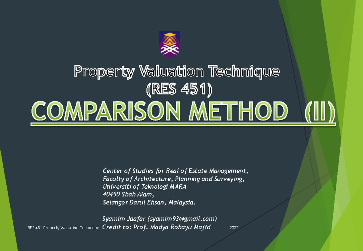 Comparison Method II - Miss Syahmim - RES 451 Property Valuation ...