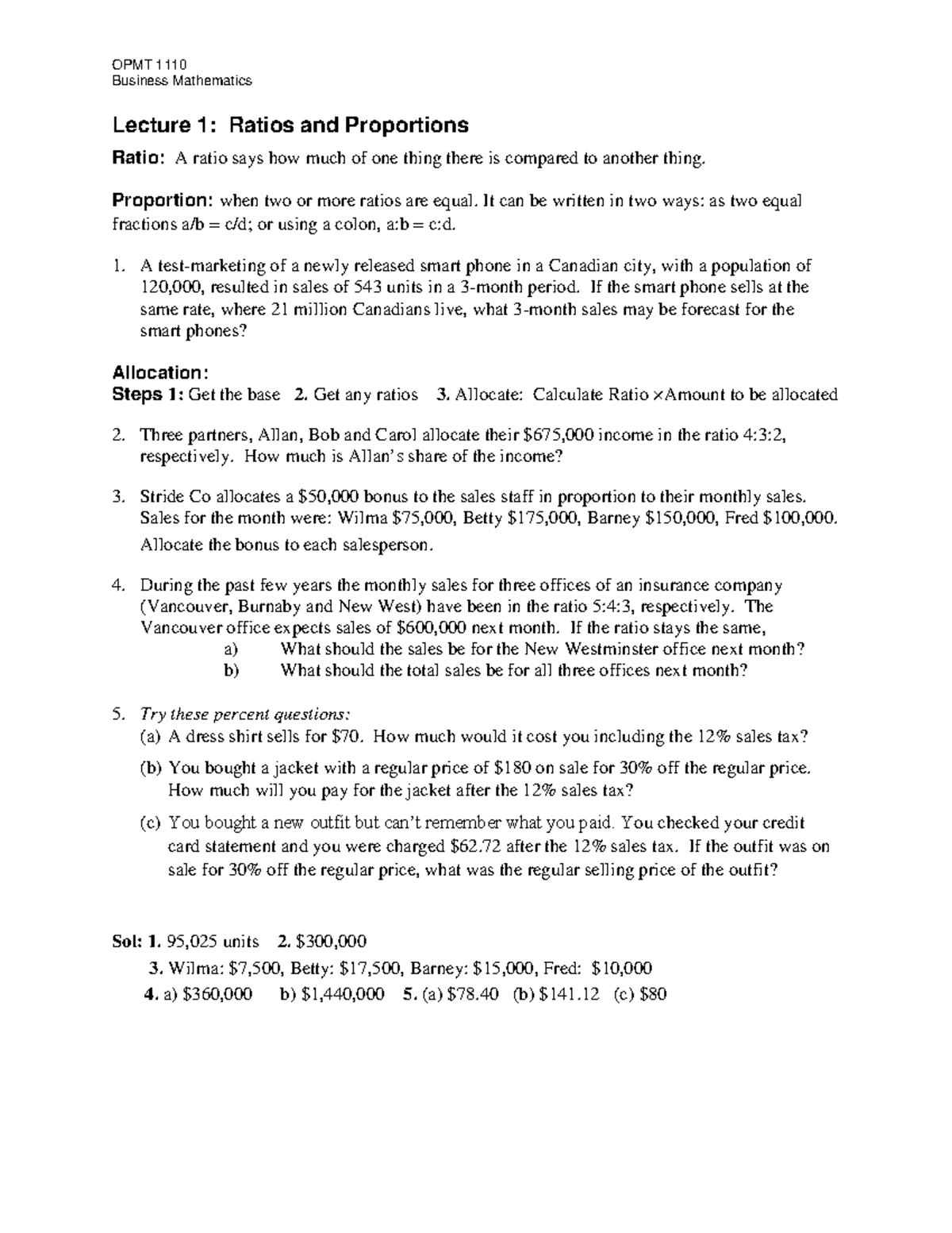 Lecture 1 handout - OPMT 1110 Business Mathematics Lecture 1: Ratios ...