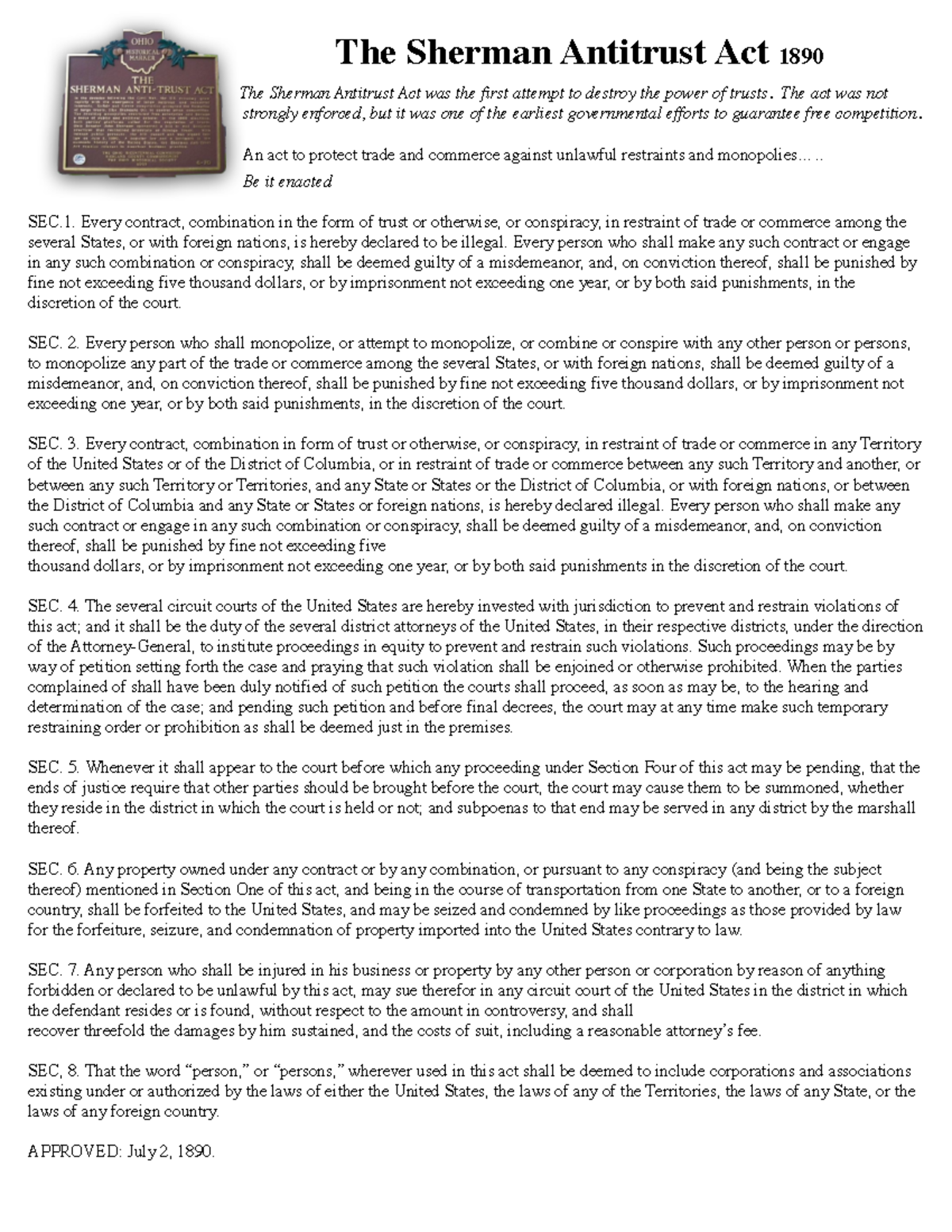 Sherman Antitrust Act Document