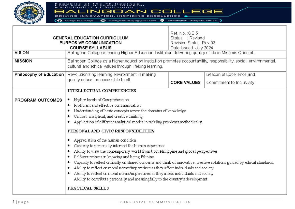 GE 5- Purposive Communication - GENERAL EDUCATION CURRICULUM PURPOSIVE ...