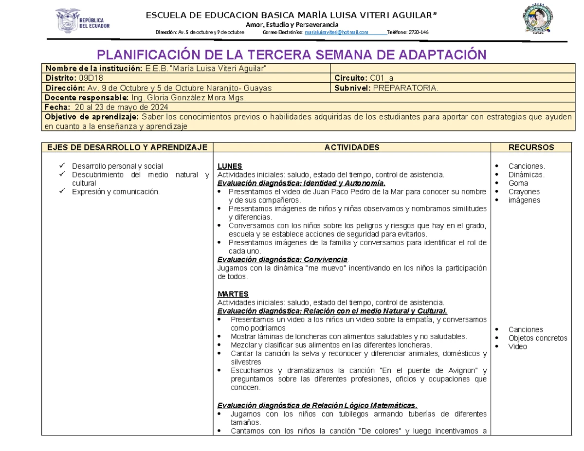 Planificación DE LA Cuarta Semana DE Adaptación Primero C - ESCUELA DE EDUCACION BASICA MARÌA ...