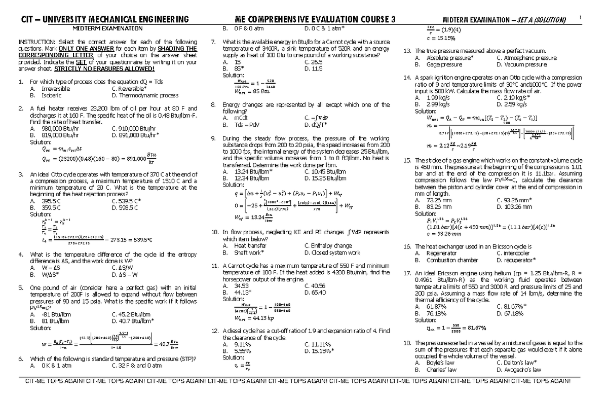 Midterm Examination SET A Solution - CIT – UNIVERSITY MECHANICAL ...