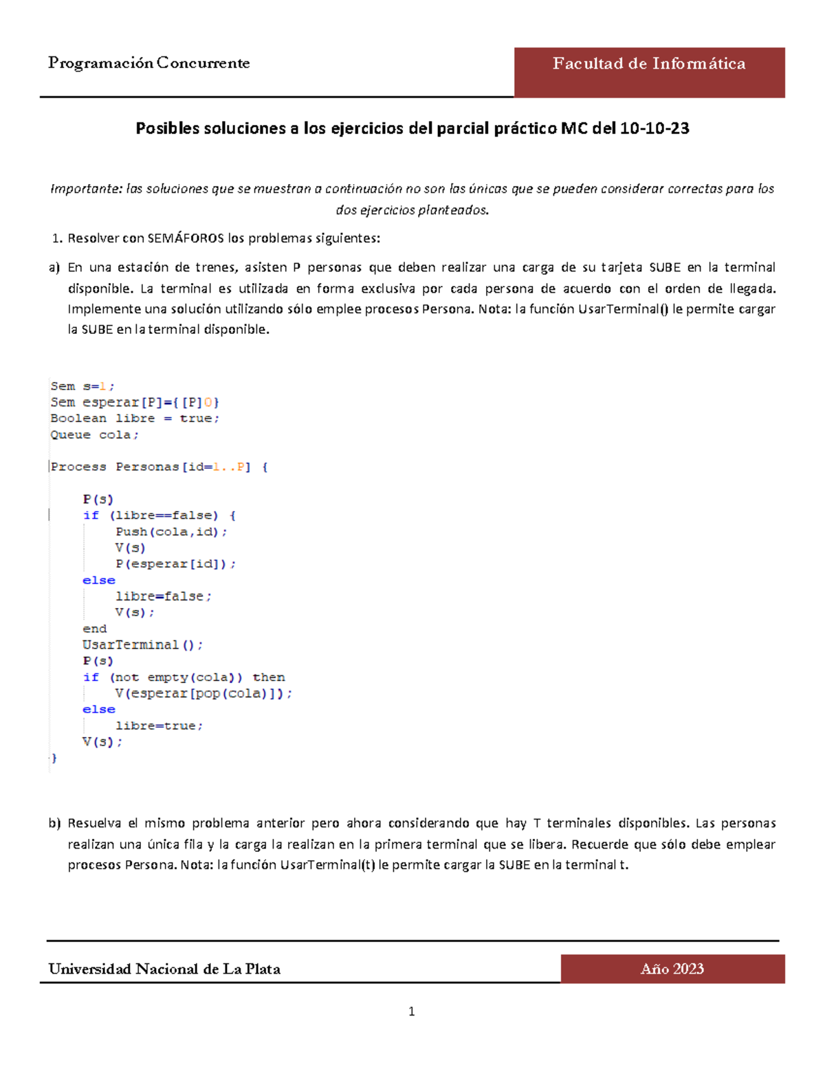 PConcu 2023 Soluciones parcial MC - Programación Concurrente Facultad de Informática Universidad ...