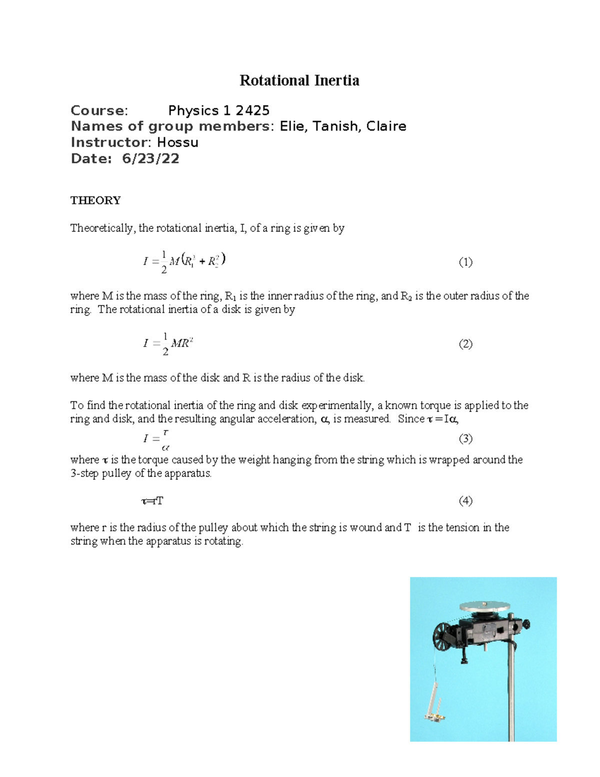 Rotational Inertia - Rotational Inertia Course: Physics 1 2425 Names of ...