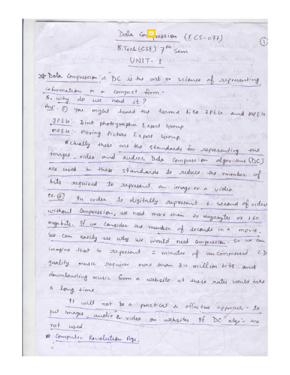DC Unit 1notes - Data Can ression I B. Tech (CSE) 7th Sem 1 Data ...