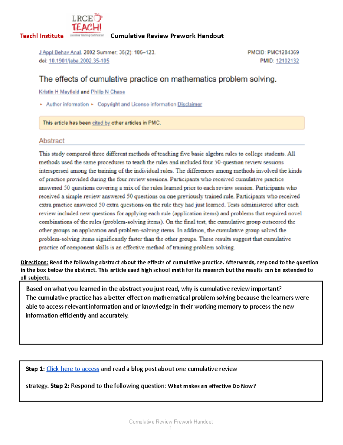 Module 14 Cumulative Review Prework Handout - Teach! Institute ...