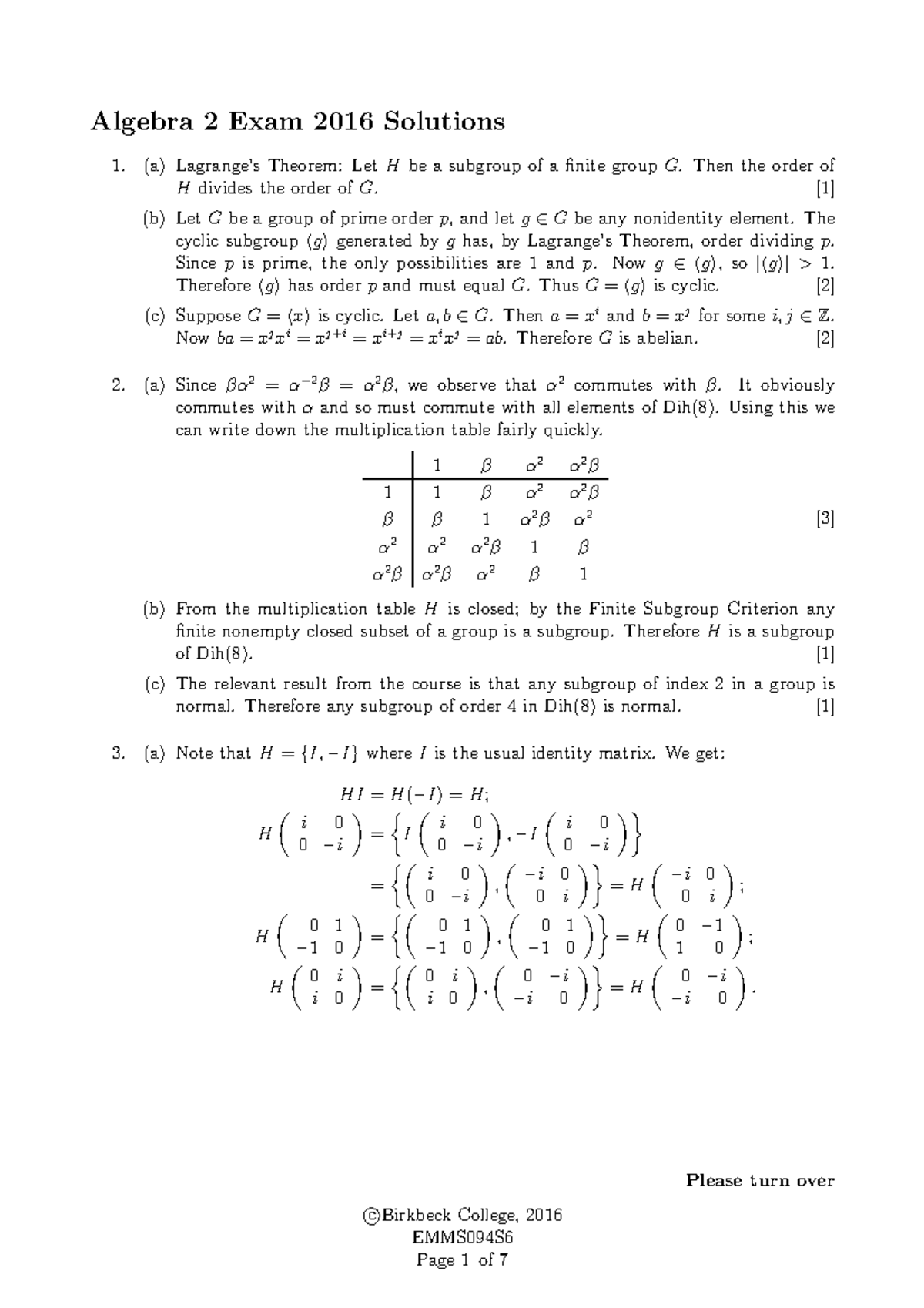 Algebra 2 Theory & Structure Exam 2016, answers - Algebra 2 Exam 2016 ...