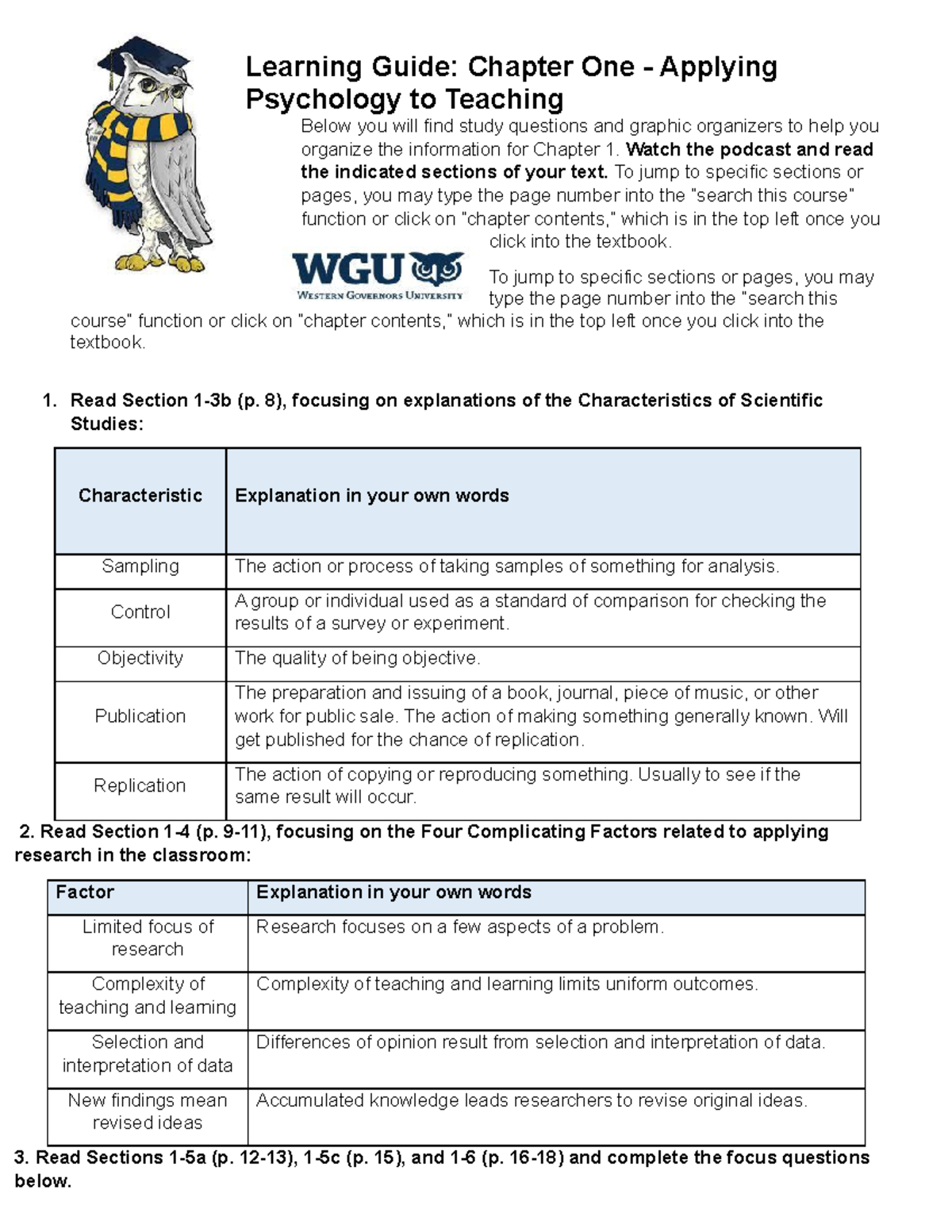 Psychology Learning Guide Chapter One - Learning Guide: Chapter One ...