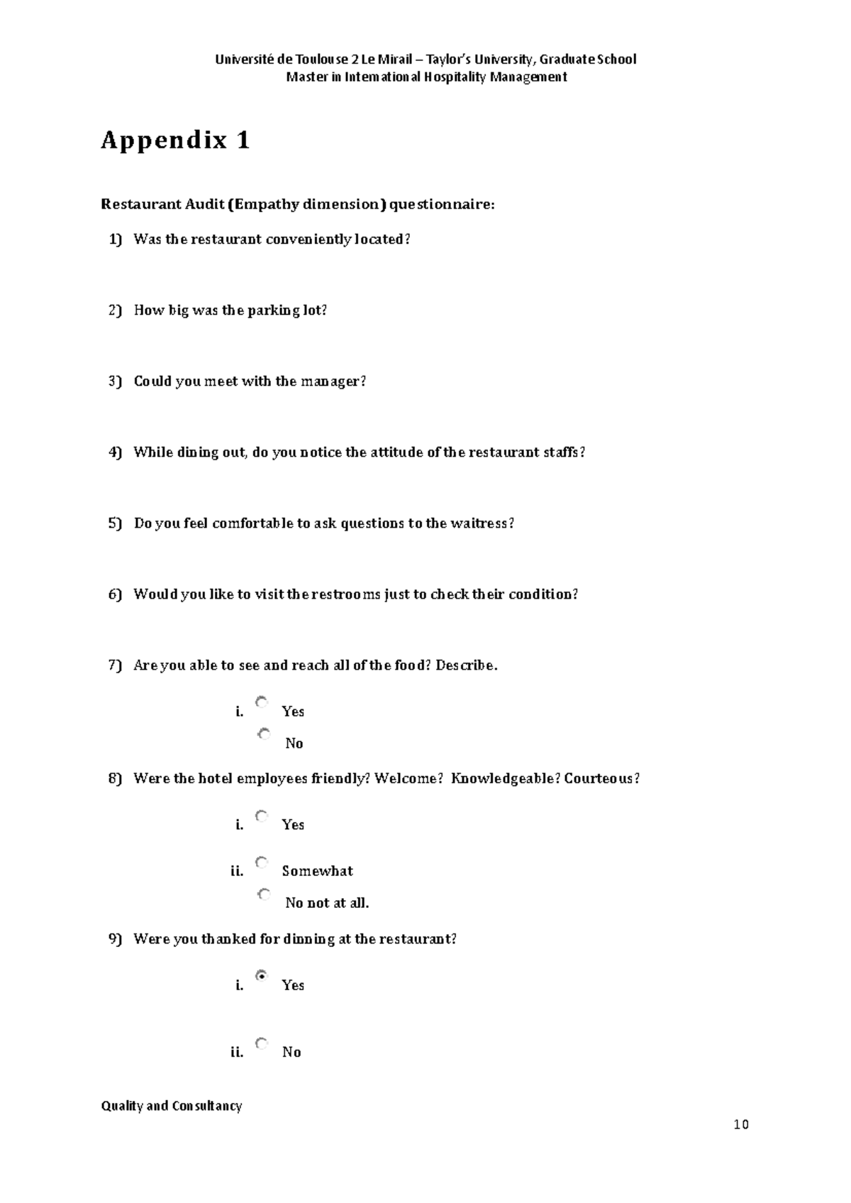 Sample Servqual Questionnaire 5 - Master in International Hospitality ...