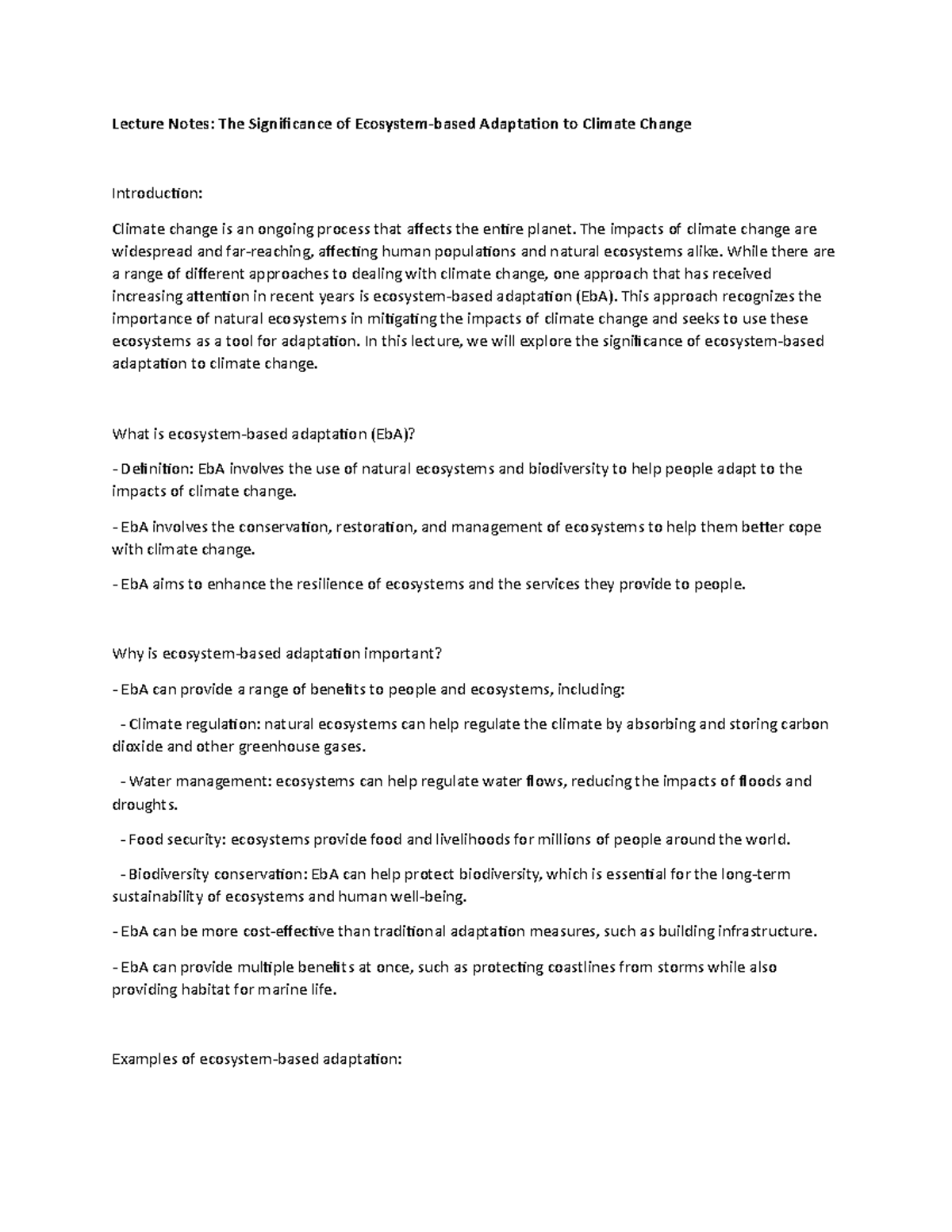 Lecture Notes: The Significance of Ecosystem-based Adaptation to ...