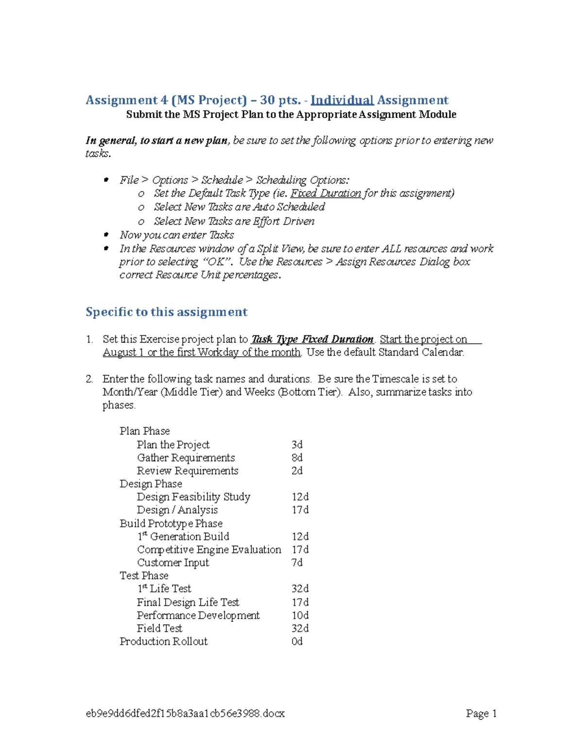 Assign 4 MS Project - Assignment 4 (MS Project) – 30 pts. - Individual ...