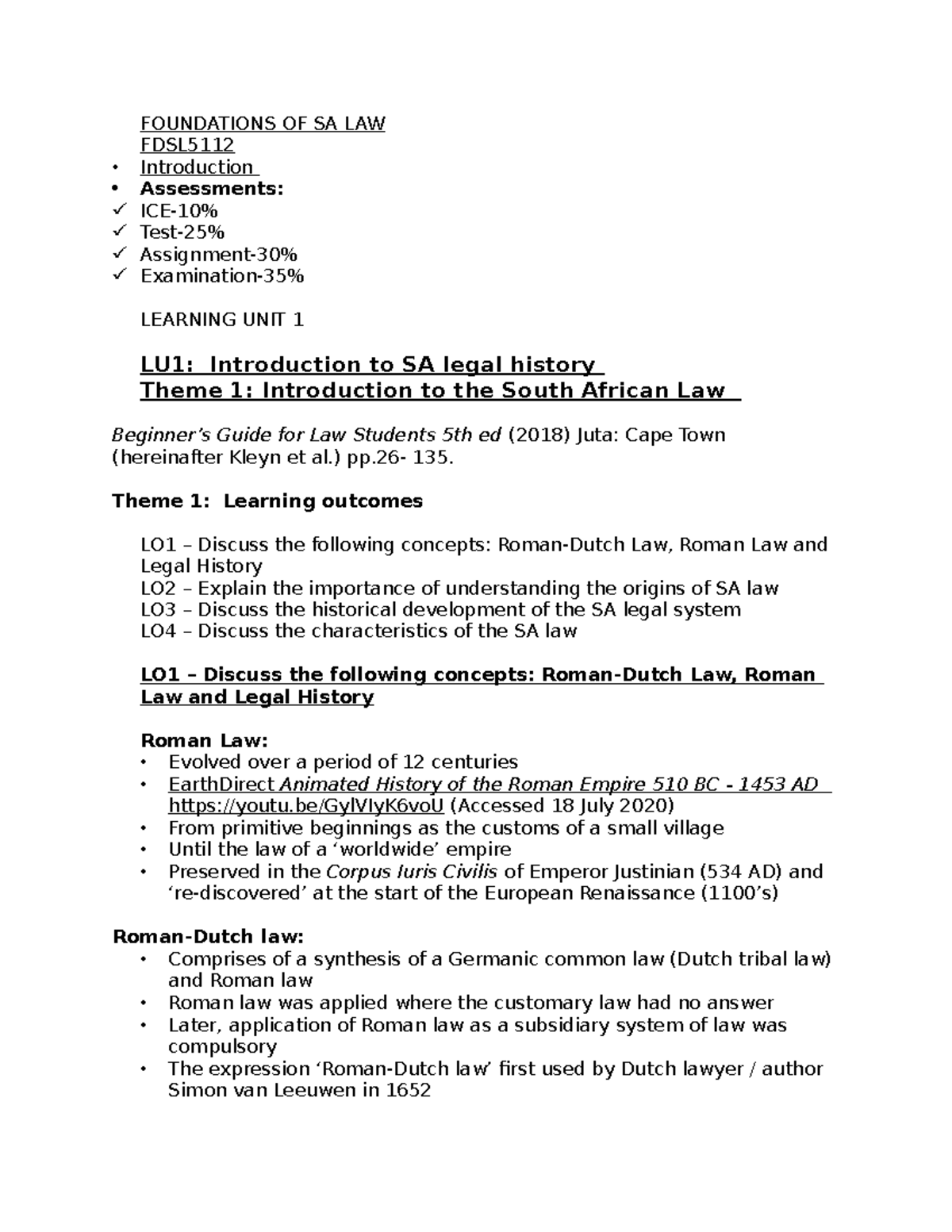 Learning UNIT ONE - Foundations Of The South African Law (FDSL5112 ...