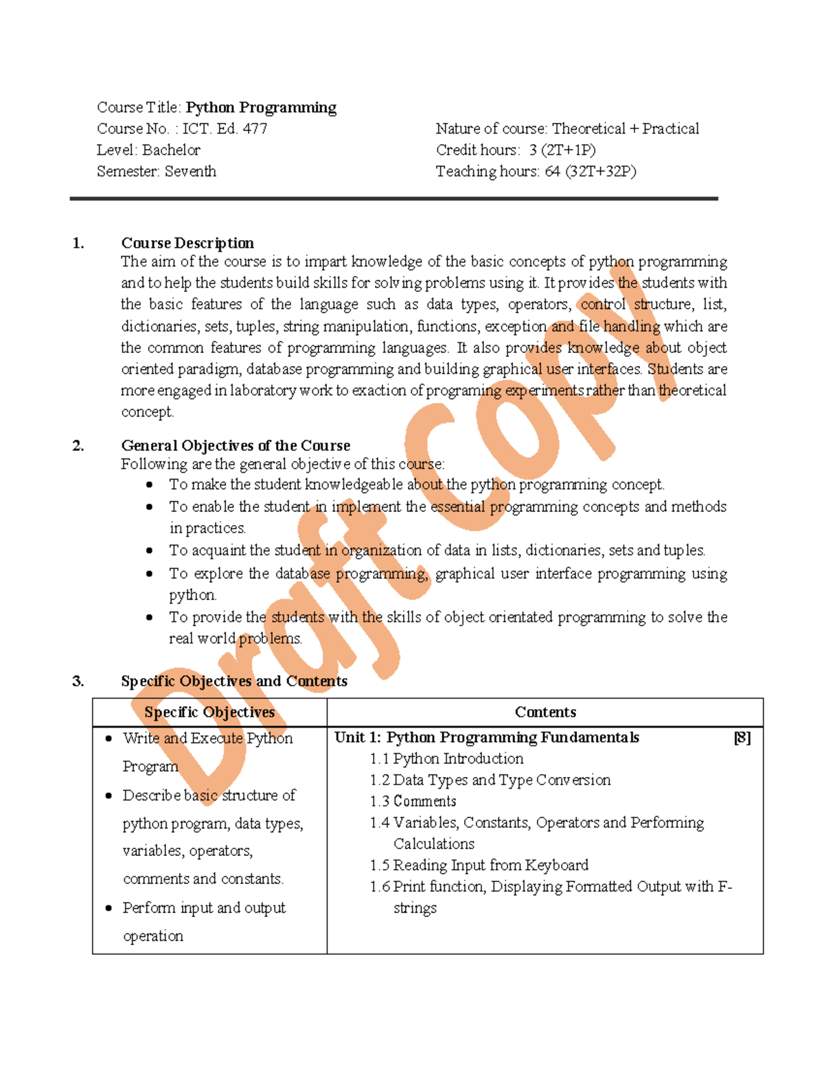ICT Ed 477 Python - PRACTICAL - Course Title: Python Programming Course No. : ICT. Ed. 477 ...