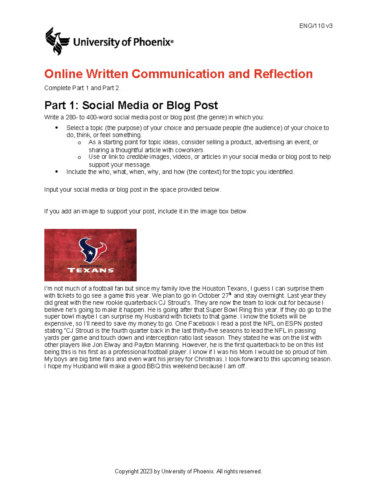 Eng110 v3 wk3 online written communication and reflection - ENG/110 v ...
