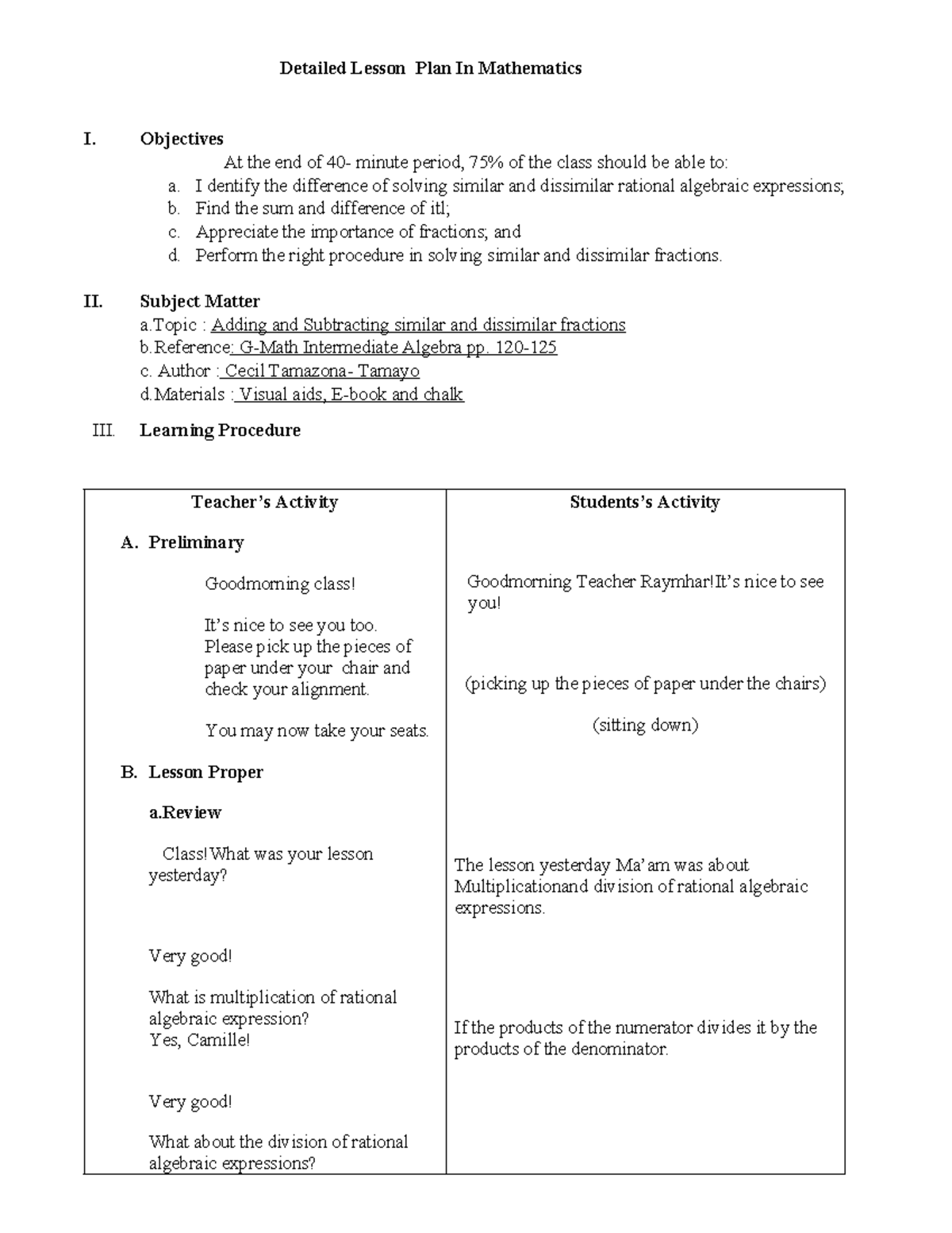 Detailed Lesson Plan In Mathematics - Objectives At the end of 40 ...
