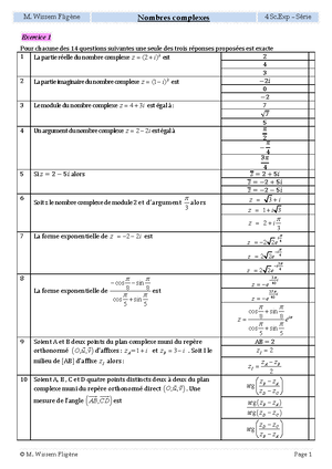 Exo Complexes - NOMBRES COMPLEXES Calculer le module et l’argument des ...