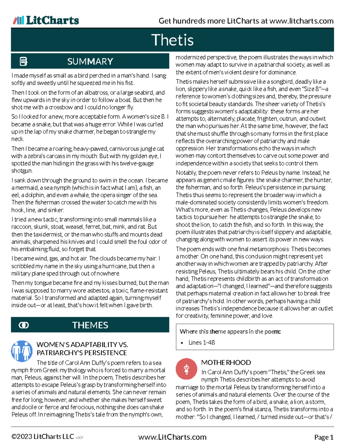 Lit Charts- Thetis - Thetis I made myself as small as a bird perched in ...