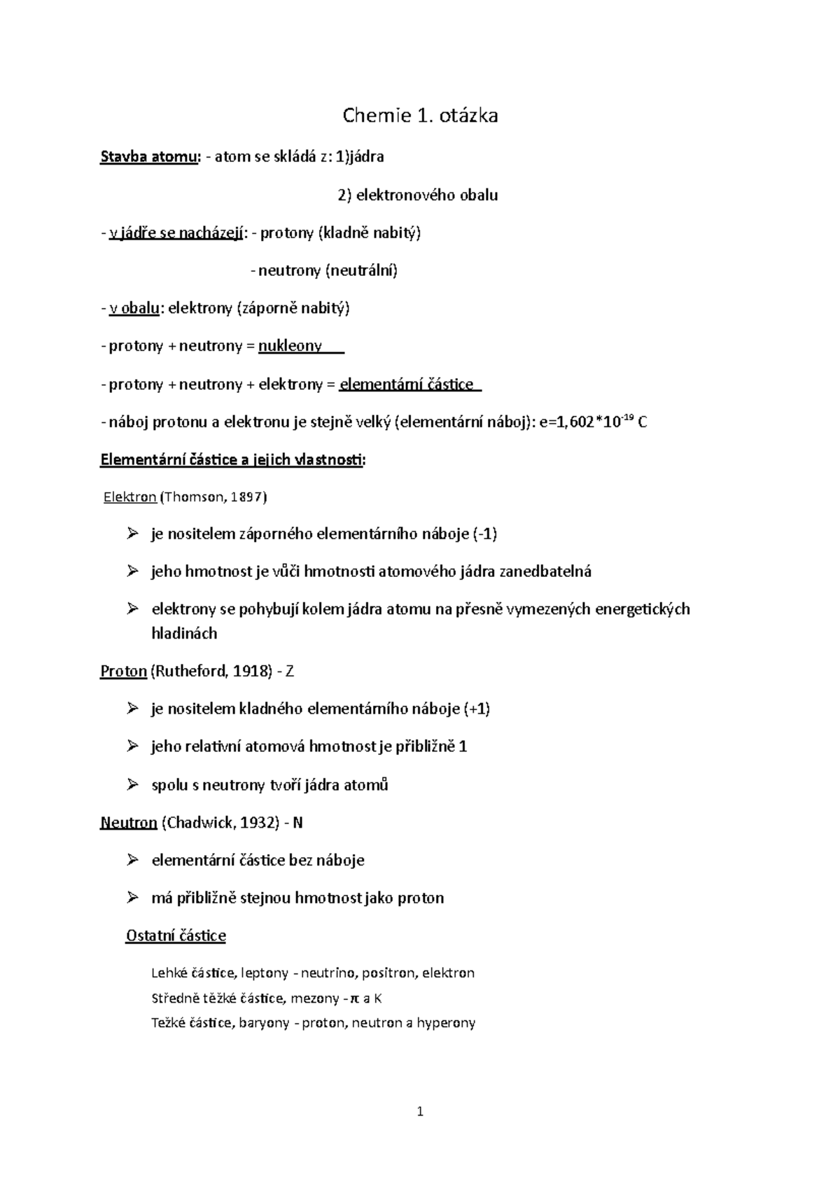 Chemie-zkouska - Chemie-zkouska 1. rocnik - Chemie 1. otázka Stavba ...