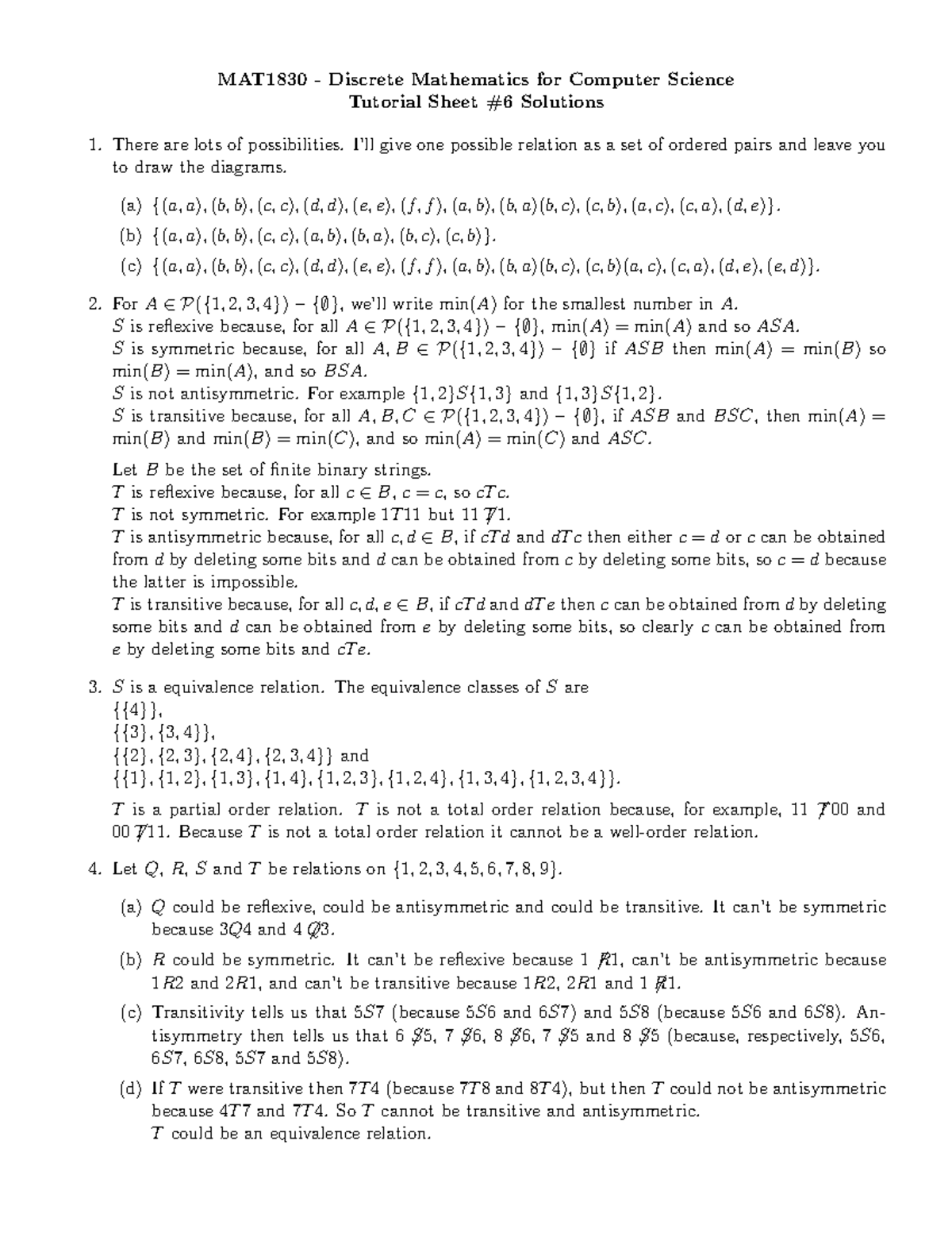 Tute6Solns - MAT1830 - Discrete Mathematics for Computer Science Tutorial Sheet #6 Solutions ...