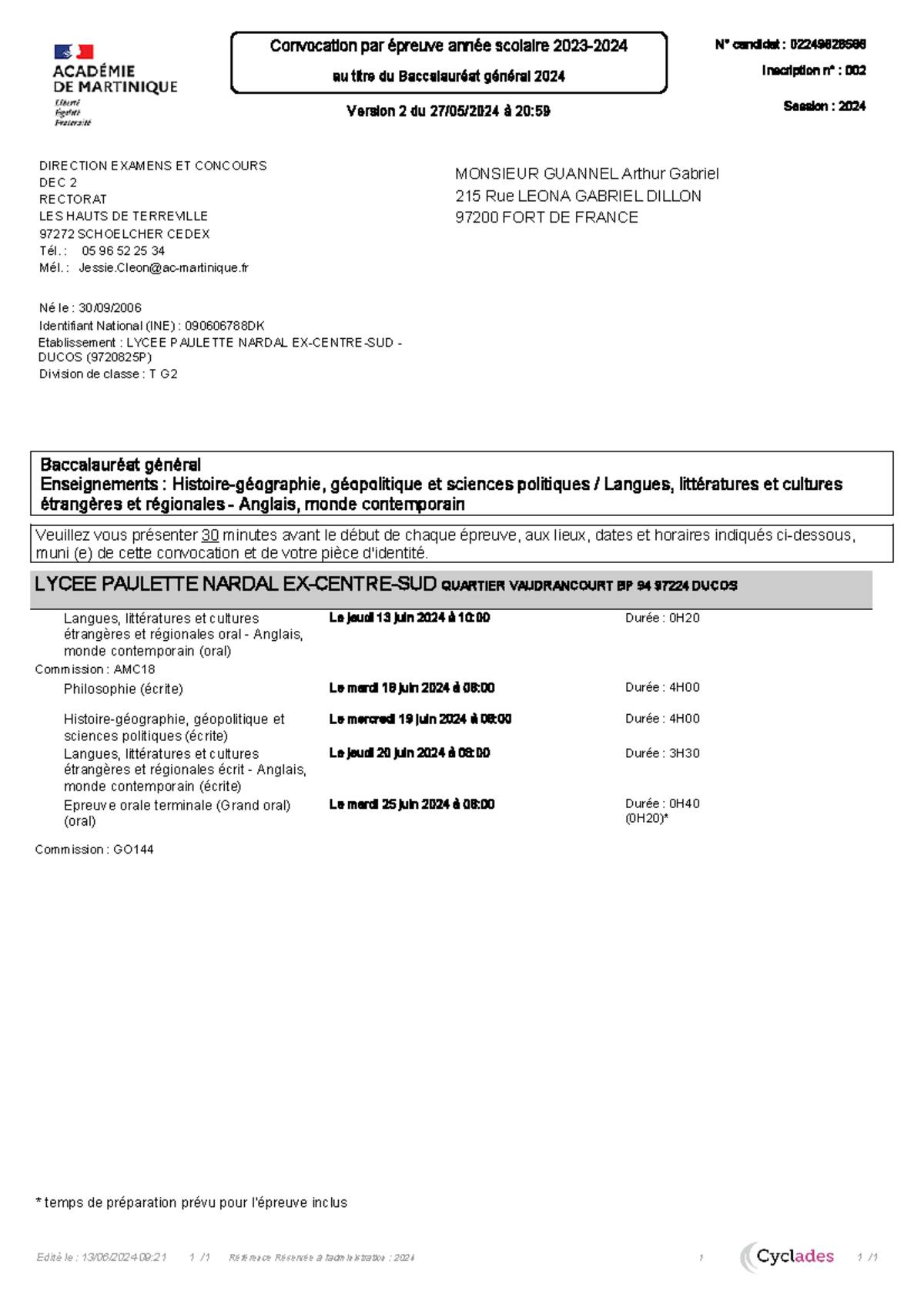 224962856600002 Convocation par epreuve V2 20240527 - Edité le : 13/06/2024 09:21 1 /1 Référence ...