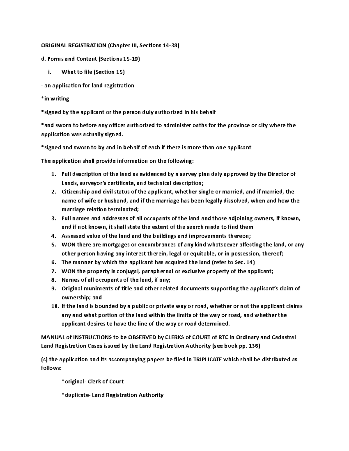 LAND Titles Notes - ORIGINAL REGISTRATION (Chapter III, Sections 14-38 ...