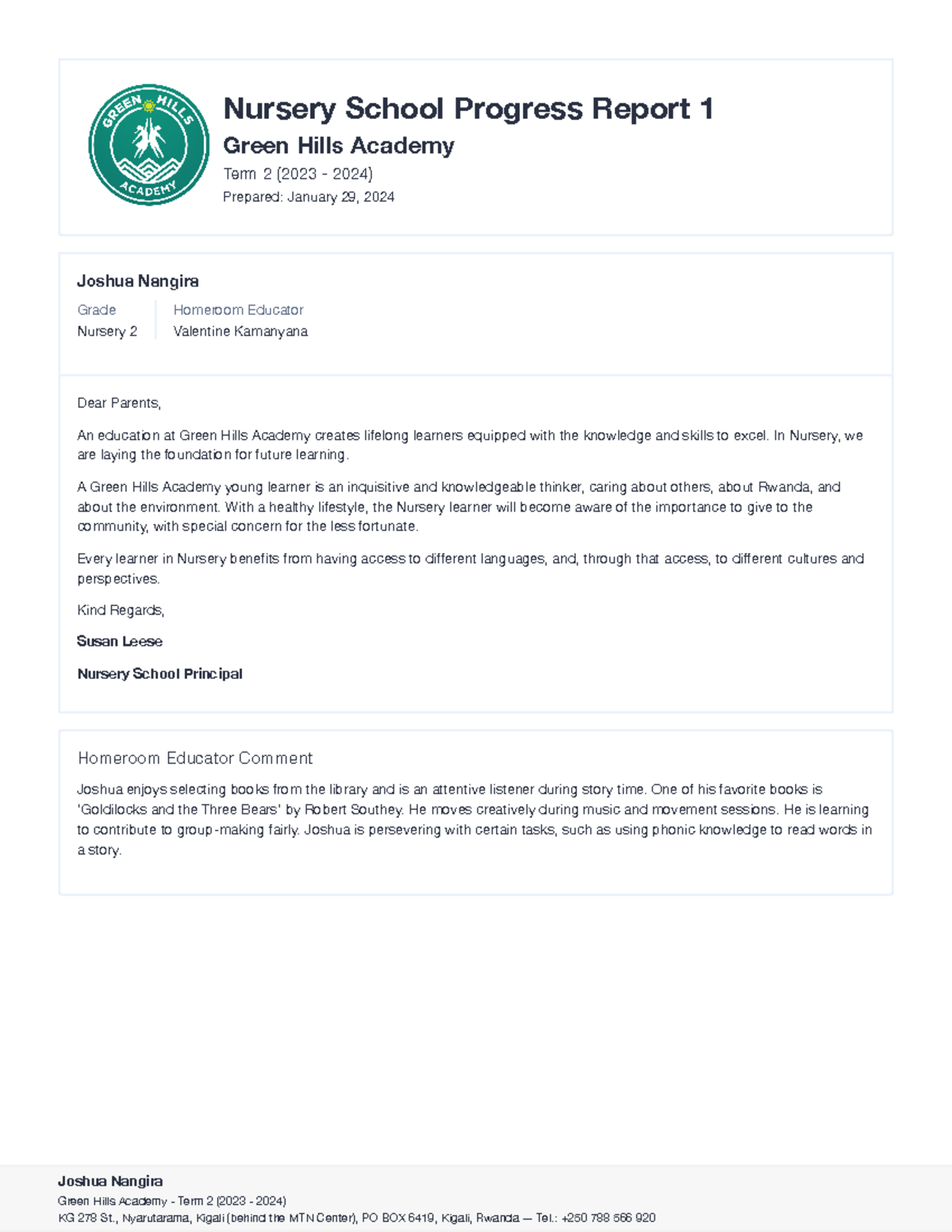 Nursery School Progress Report 1 Nangira Joshua - Nursery School ...