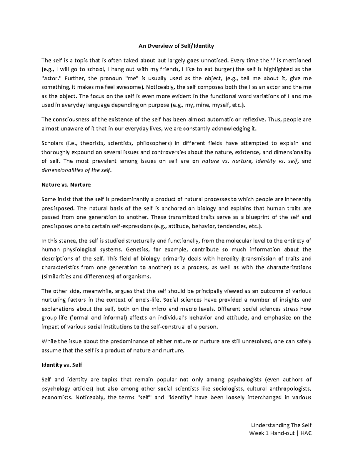 An Overview of Self - Understanding The Self An Overview of Self ...