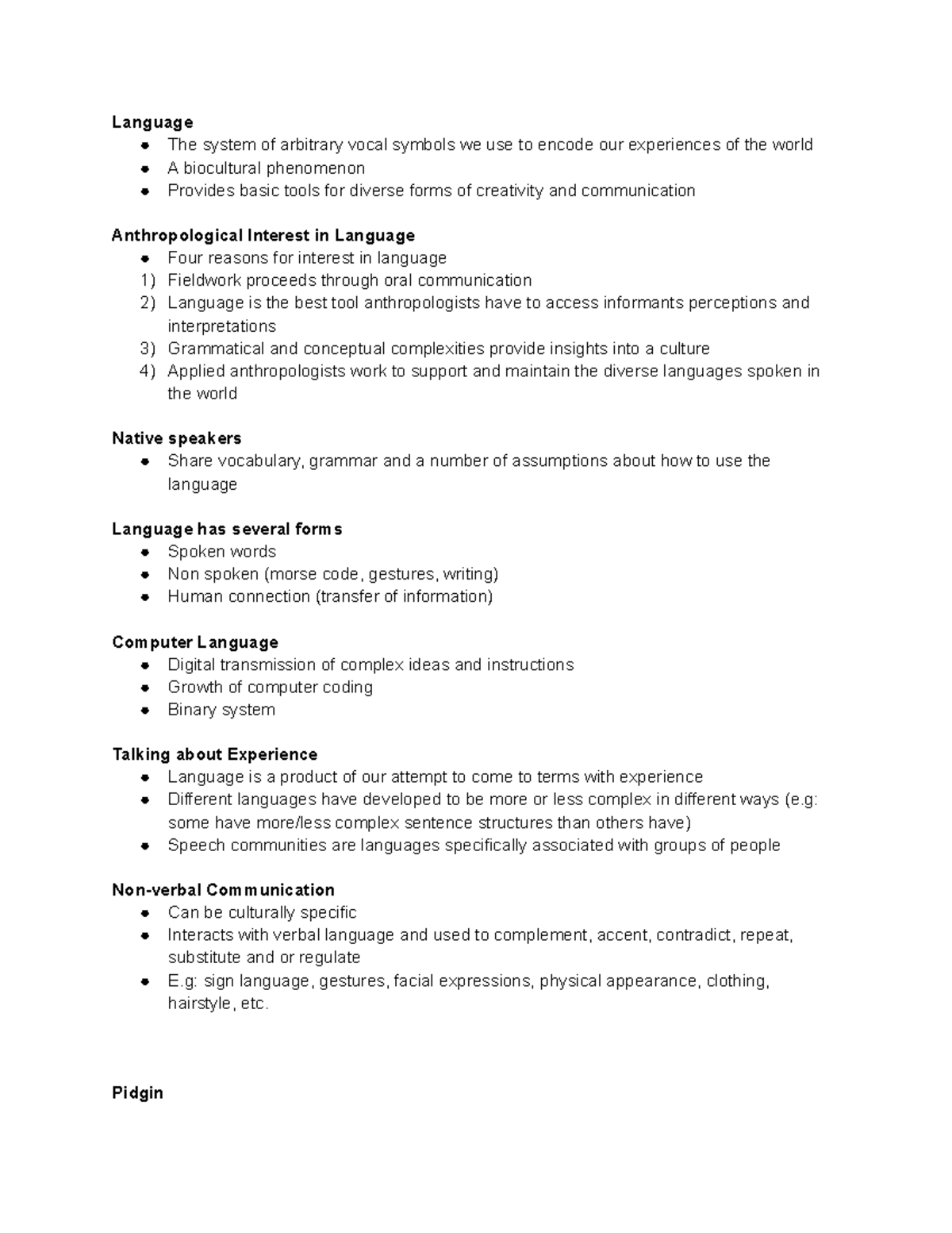 Language - lec notes - Language The system of arbitrary vocal symbols ...