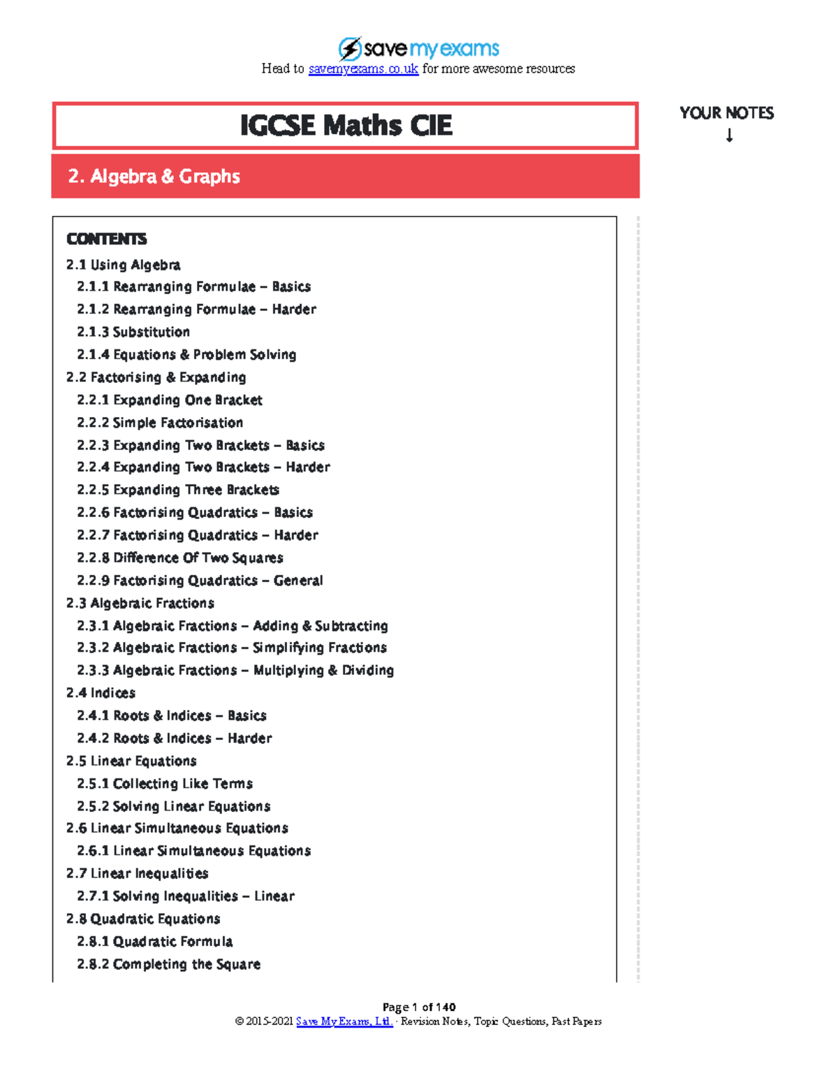 Algebra And Graphs Notes Igcse Maths Cie Page 1 Of 140 Igcse Maths