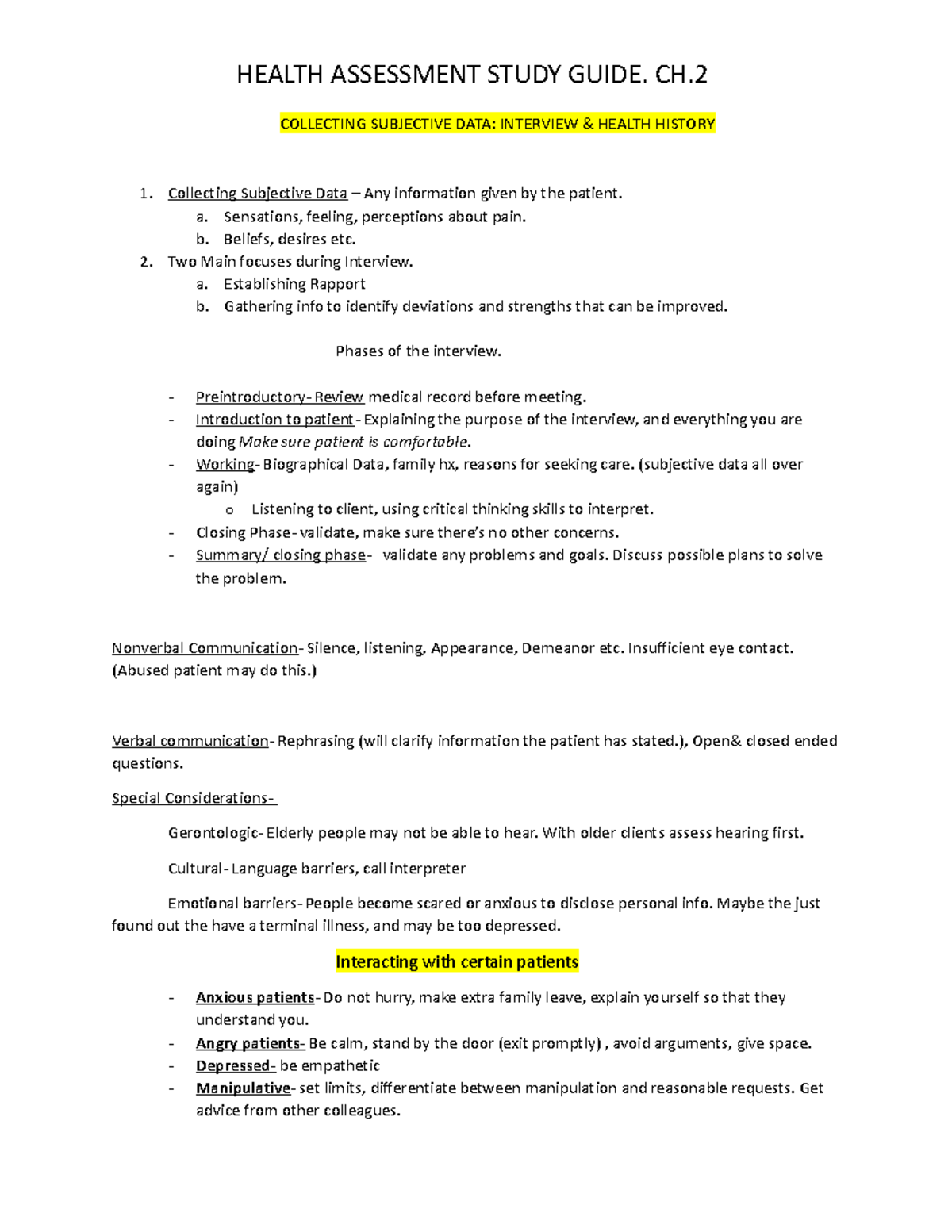 CH.2 Study Guide - HEALTH ASSESSMENT STUDY GUIDE. CH. COLLECTING ...