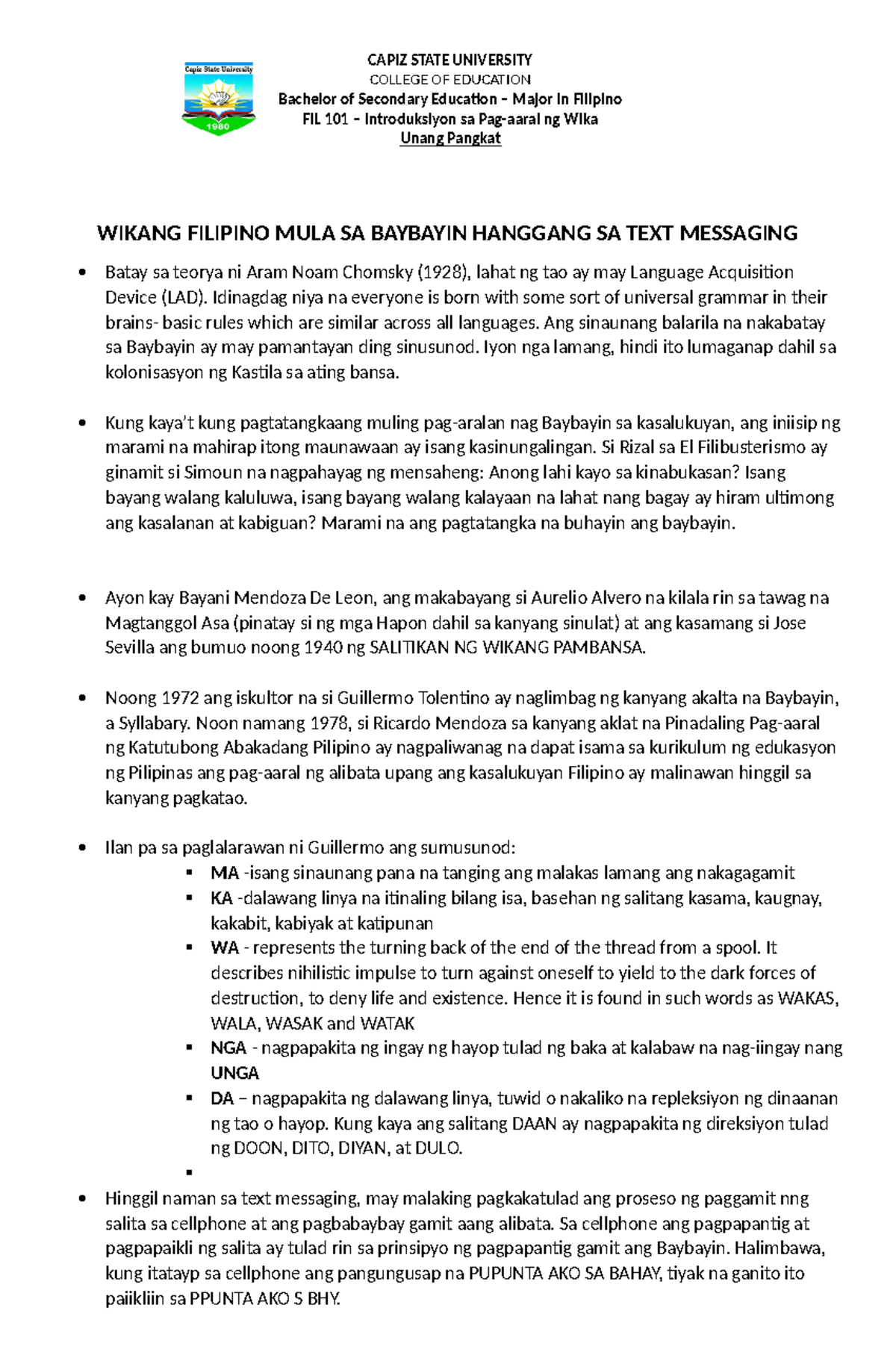 FIL 101 Group 5 1B - handouts - WIKANG FILIPINO MULA SA BAYBAYIN ...