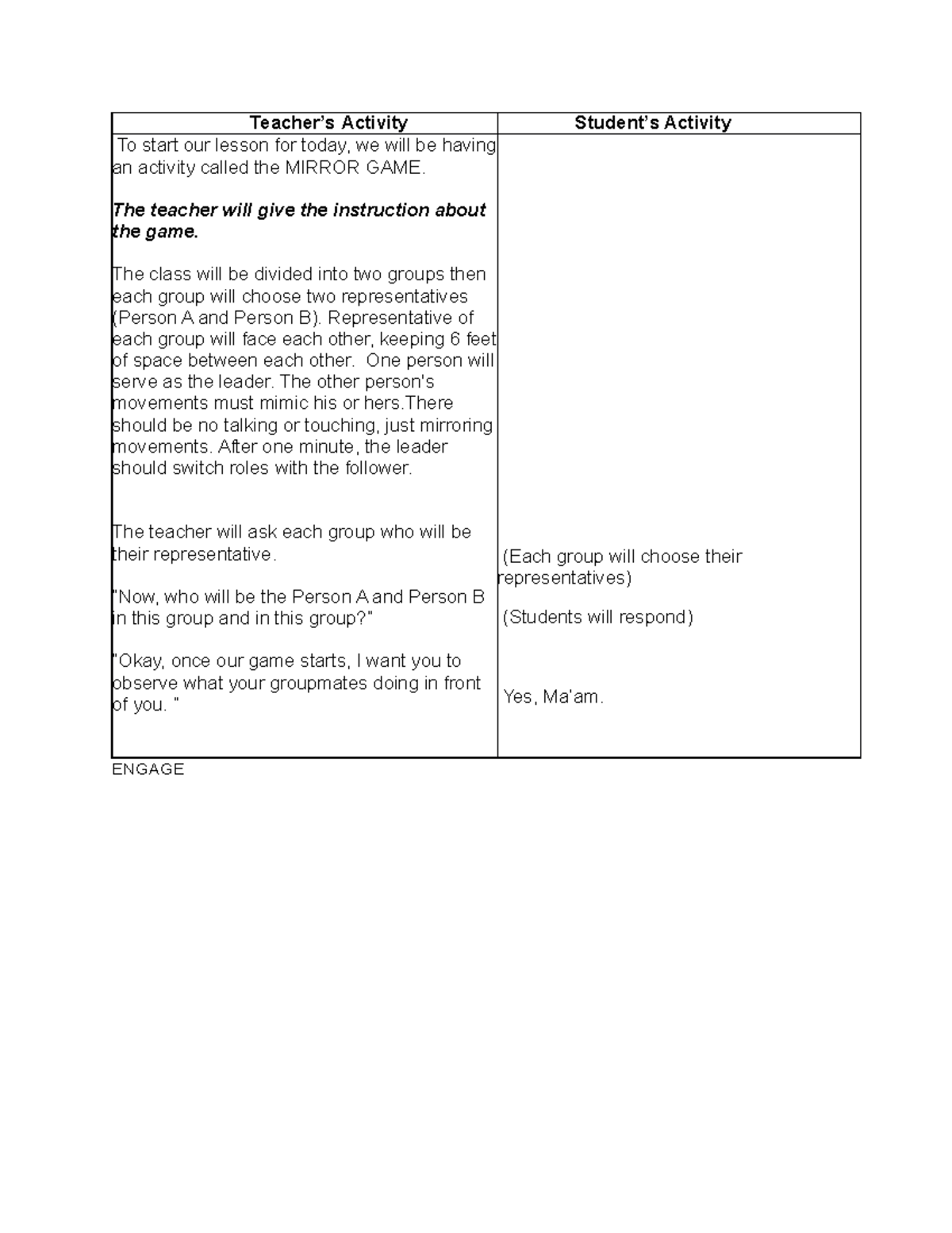 Engage - 2nd year - Teacher’s Activity Student’s Activity To start our ...