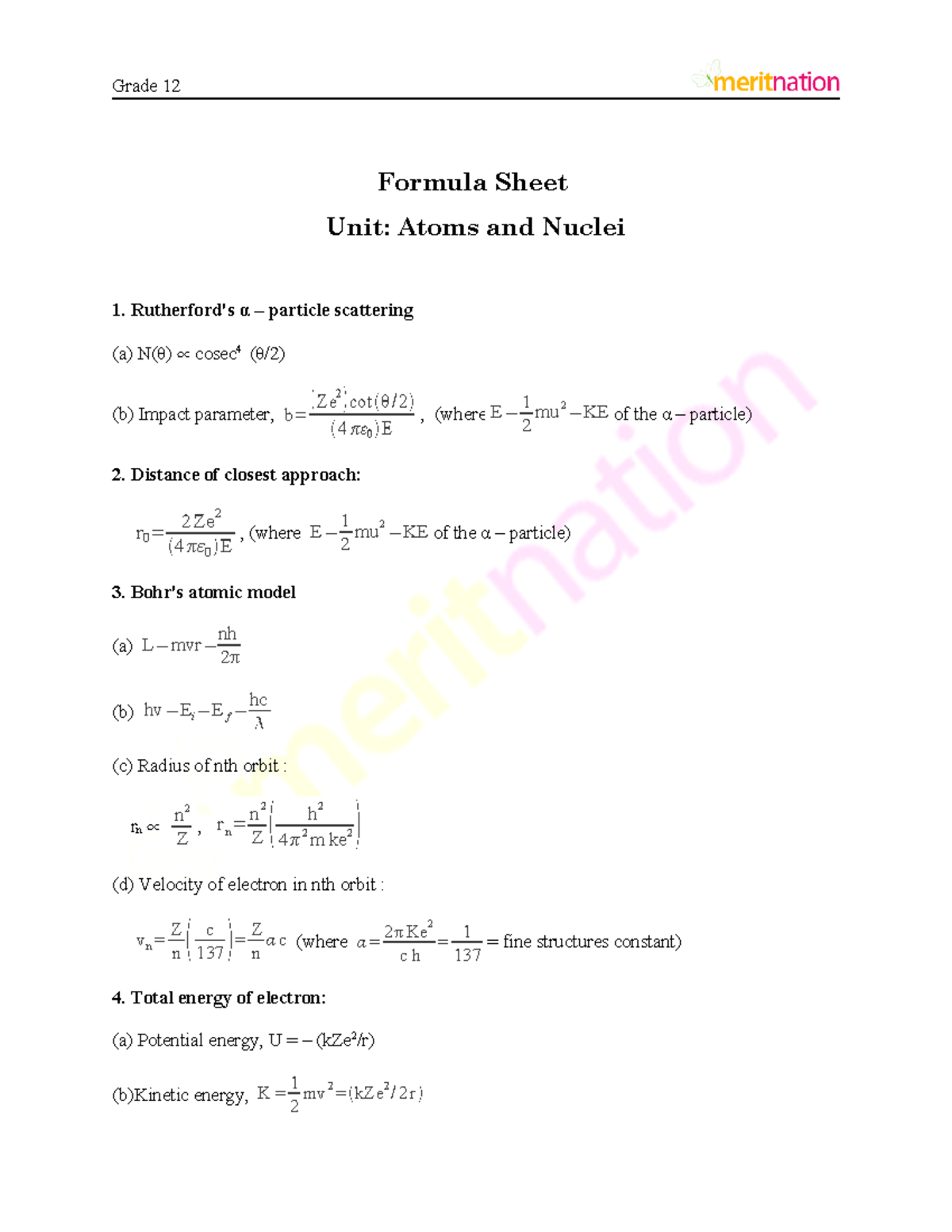 Physics Atoms and Nuclei Formulae cheatsheet by meritnation - Formula ...