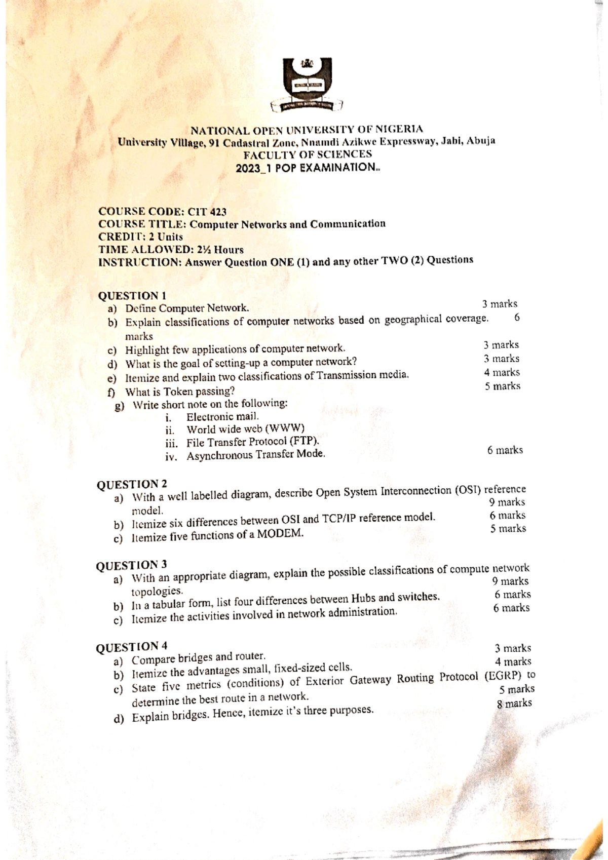 CIT423 past question 2023_1 - computer networks and communication - Studocu