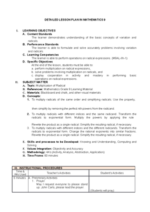 MATH10 Q4 W1 - lesson plan - Detailed Lesson Plan in Mathematics Grade 10 Quarter Four Week One ...