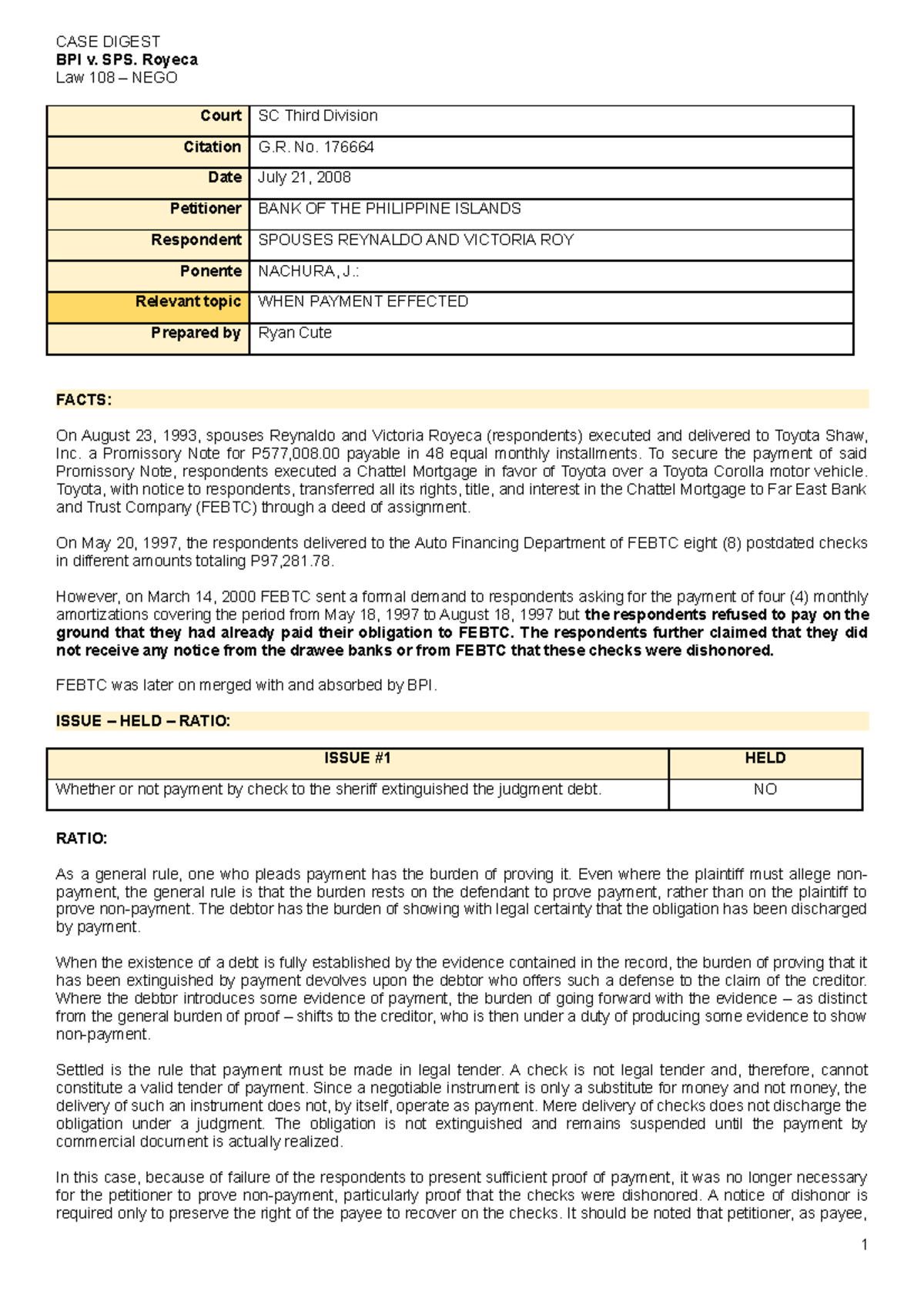 18 BPI v. Sps. Royeca - Digest - CASE DIGEST BPI v. SPS. Royeca Law 108 – NEGO Court SC Third ...