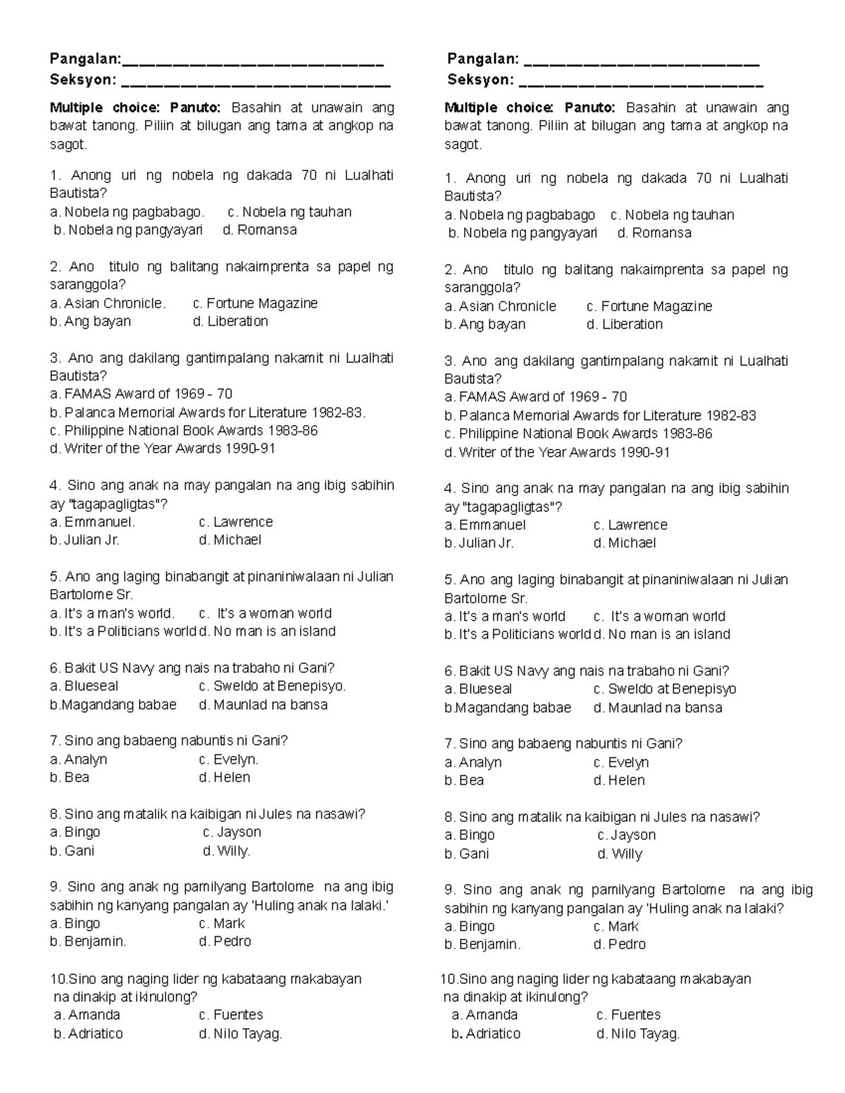 Handouts - DEKADA 70 QUIZ - Pangalan:_______________________________ Pangalan: - Studocu