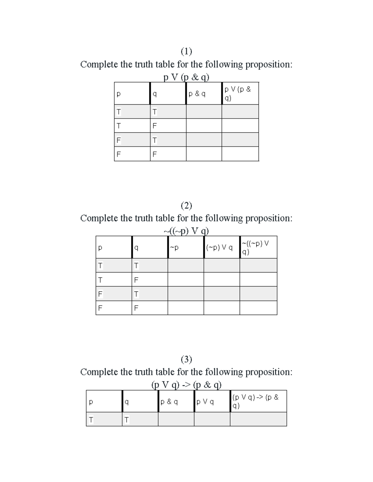 HW 4 - Detailed HW - (1) Complete the truth table for the following proposition: p V (p & q) p q ...
