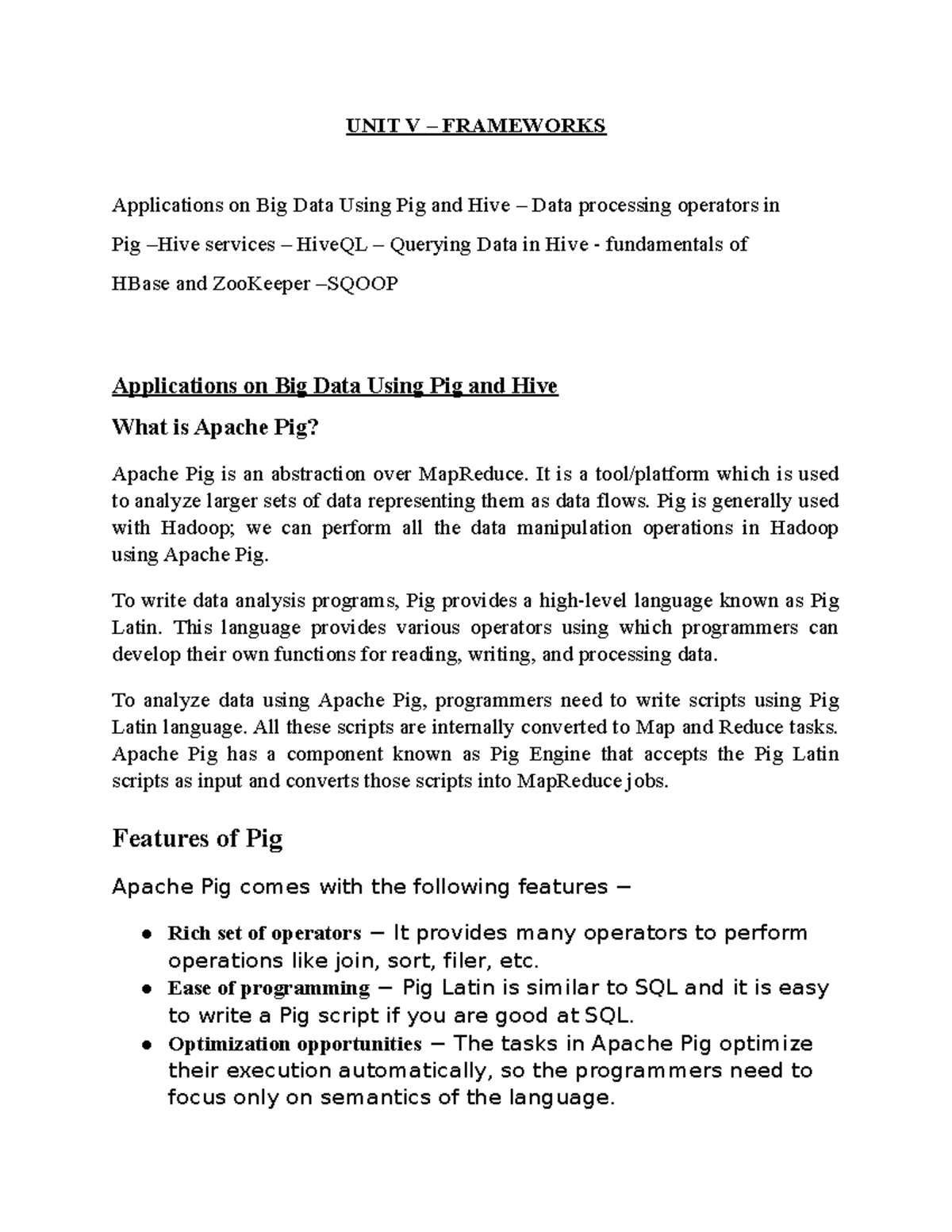 UNIT V Big Data - ####### UNIT V – FRAMEWORKS ####### Applications on Big Data Using Pig and ...