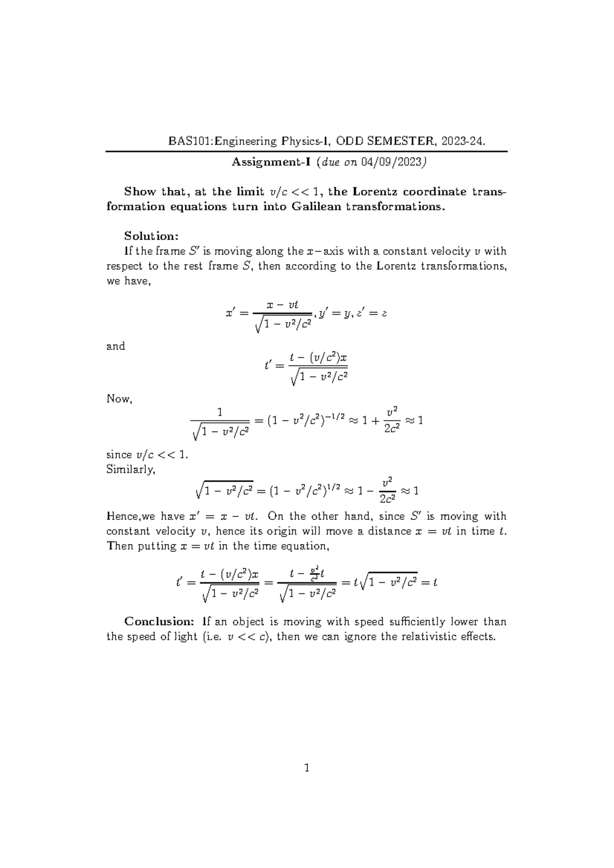 Assignment - a few questions to practice ur physics - BAS101:Engineering Physics-I, ODD SEMESTER ...