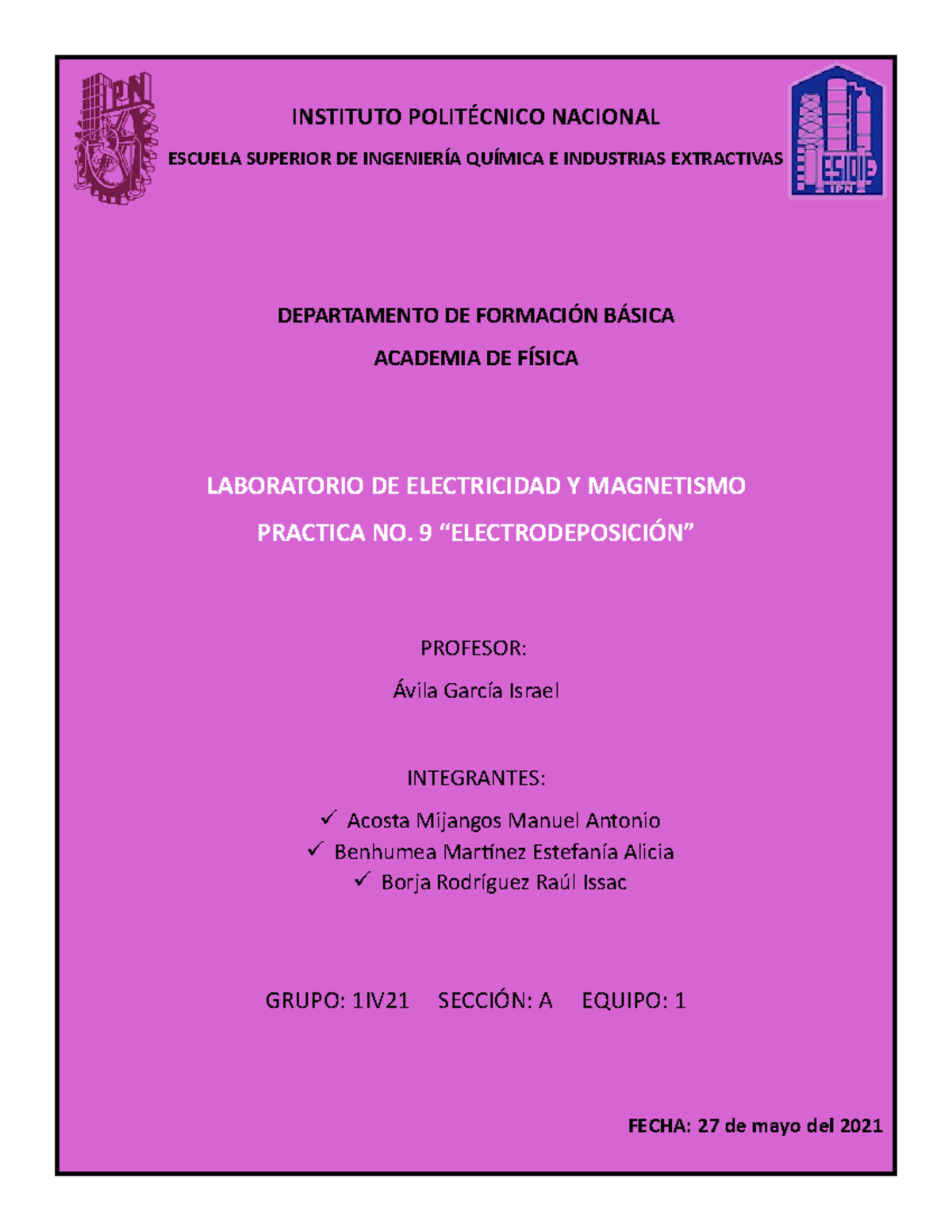 Practica 9 Electricidad y magnetismo, electrodeposición, laboratorio de electricidad y ...