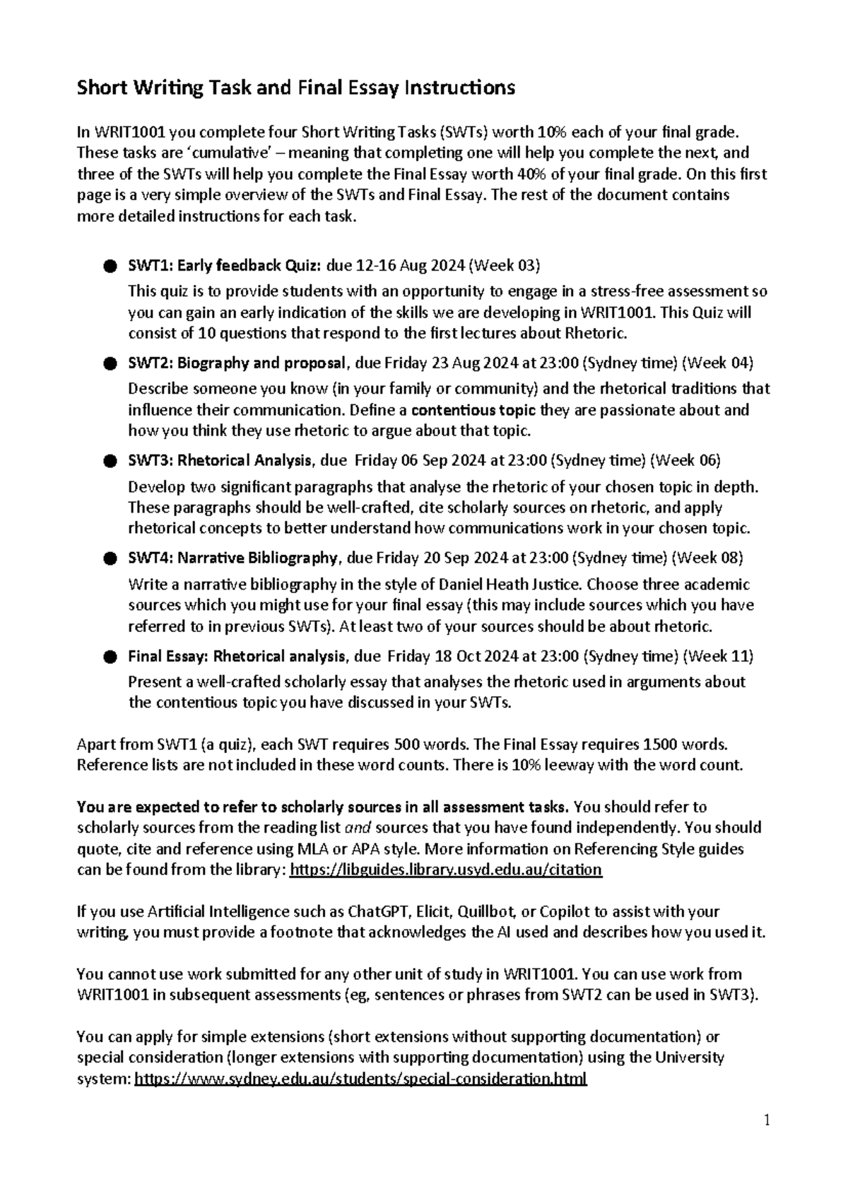 WRIT1001-Assessment-2024-3.S2 - Short Writing Task and Final Essay ...