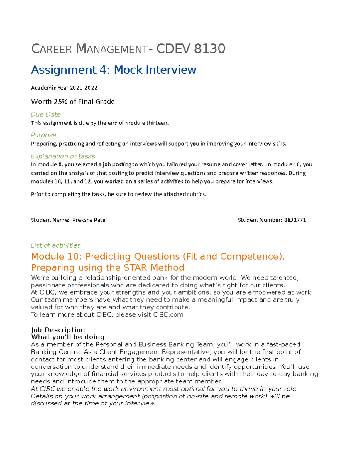 CDEV8130 Career Management Assignment 4 Mock Interview Preksha - CAREER ...