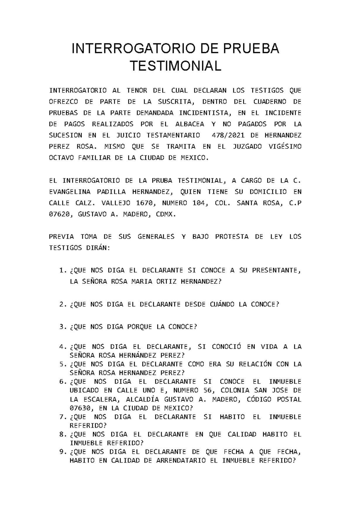 Interrogatorio Incidente DE Pagos DE Gastos DE LA Sucesion ...