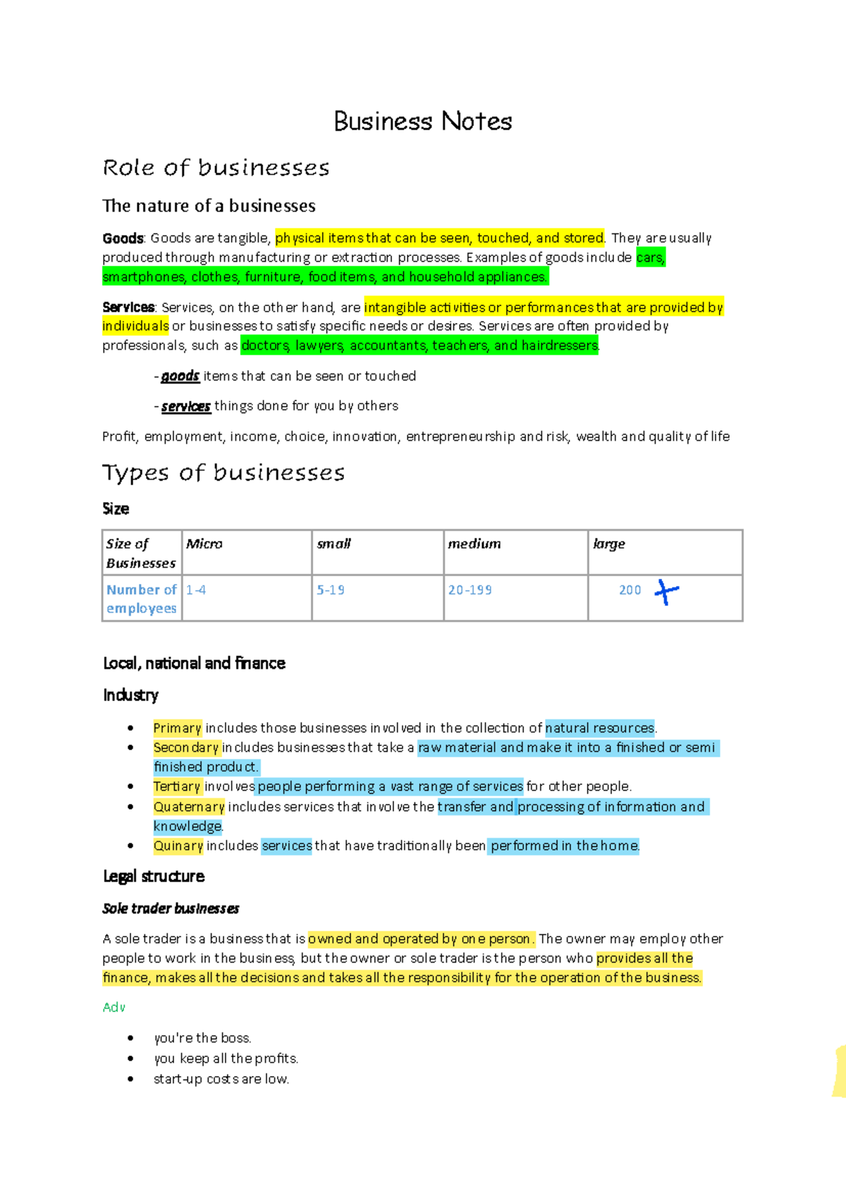Business Notes - Business Notes Role of businesses The nature of a ...