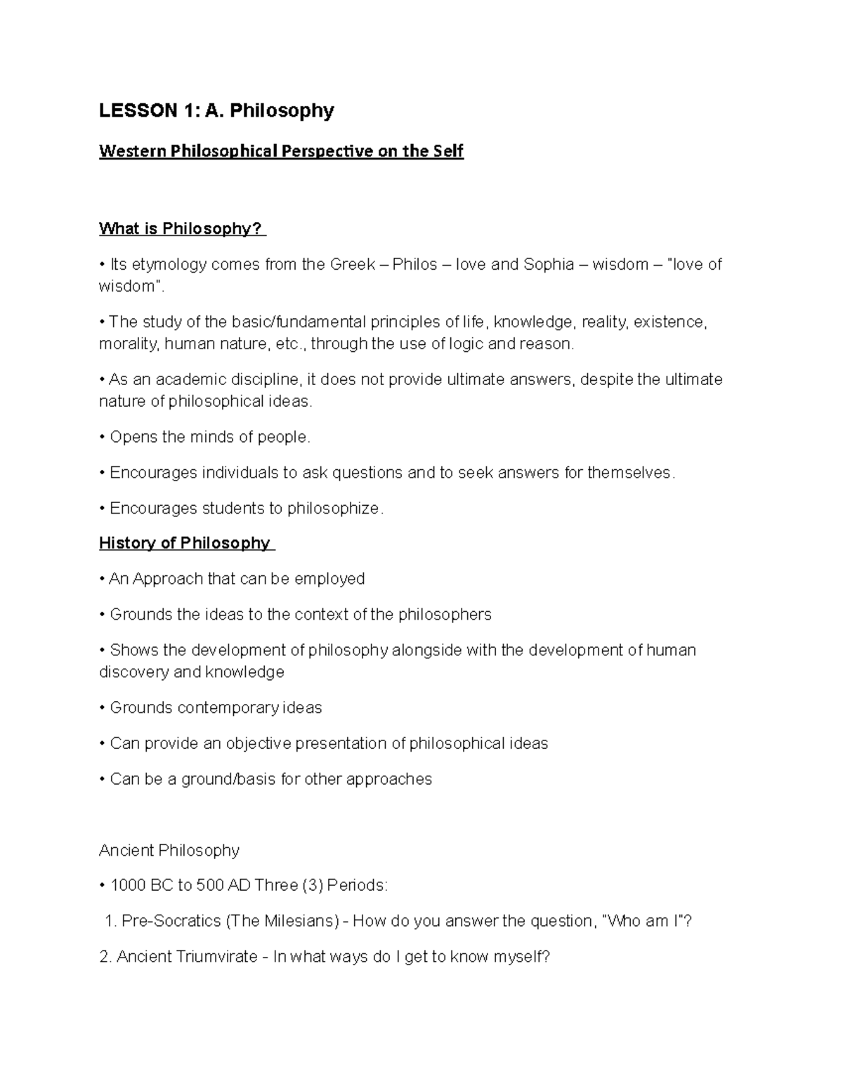 GE 1 Understanding the Self - Lesson 1 - Western Philosophy - LESSON 1 ...